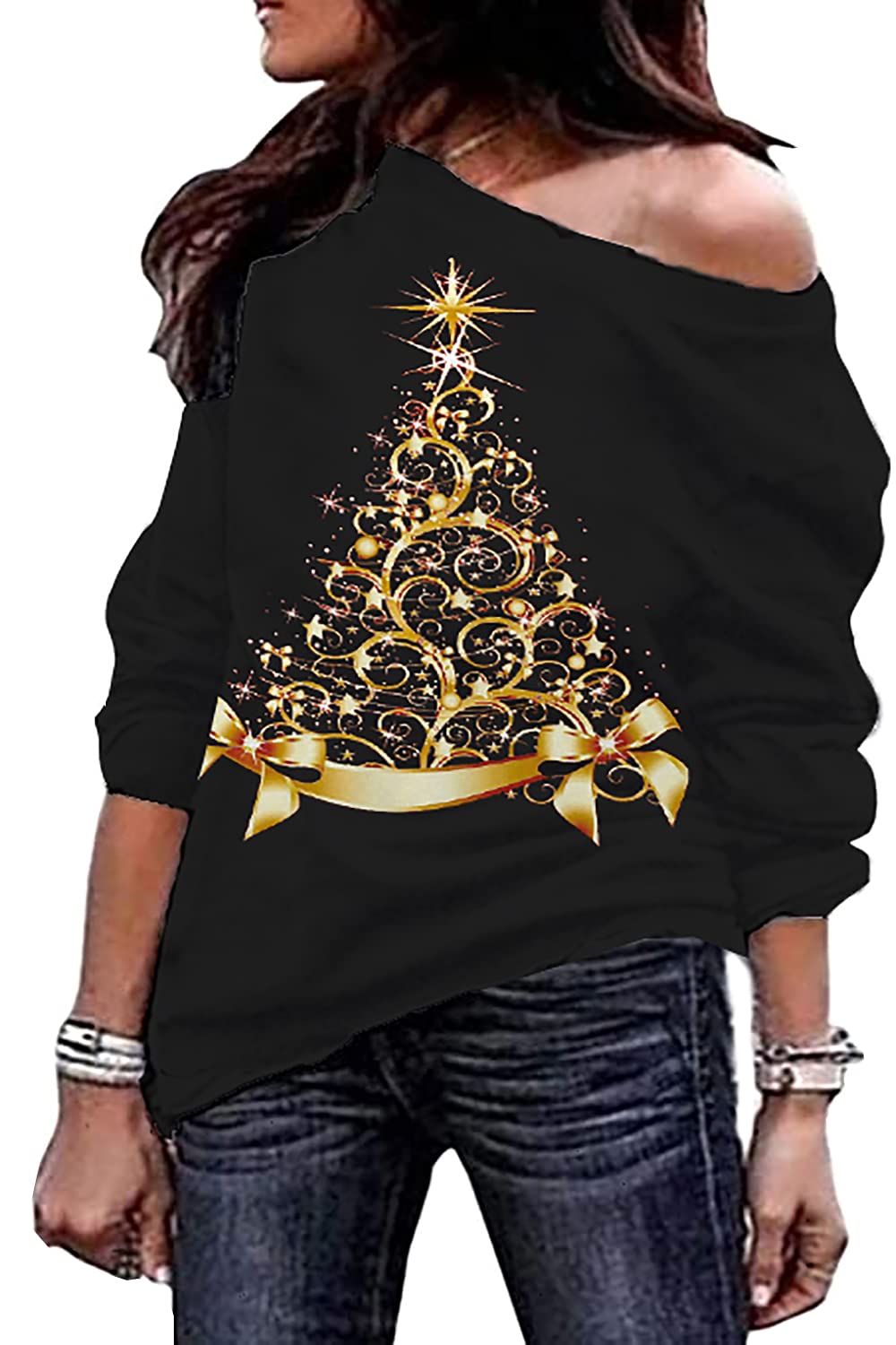 Decogiver Christmas Gold Tree Women's Off Shoulder Casual Sweatshirt Pullover Party Celebration Family Matching Slouchy Shirt Top Blouse(BGT,L), Black Golden Christmas Tree, Large