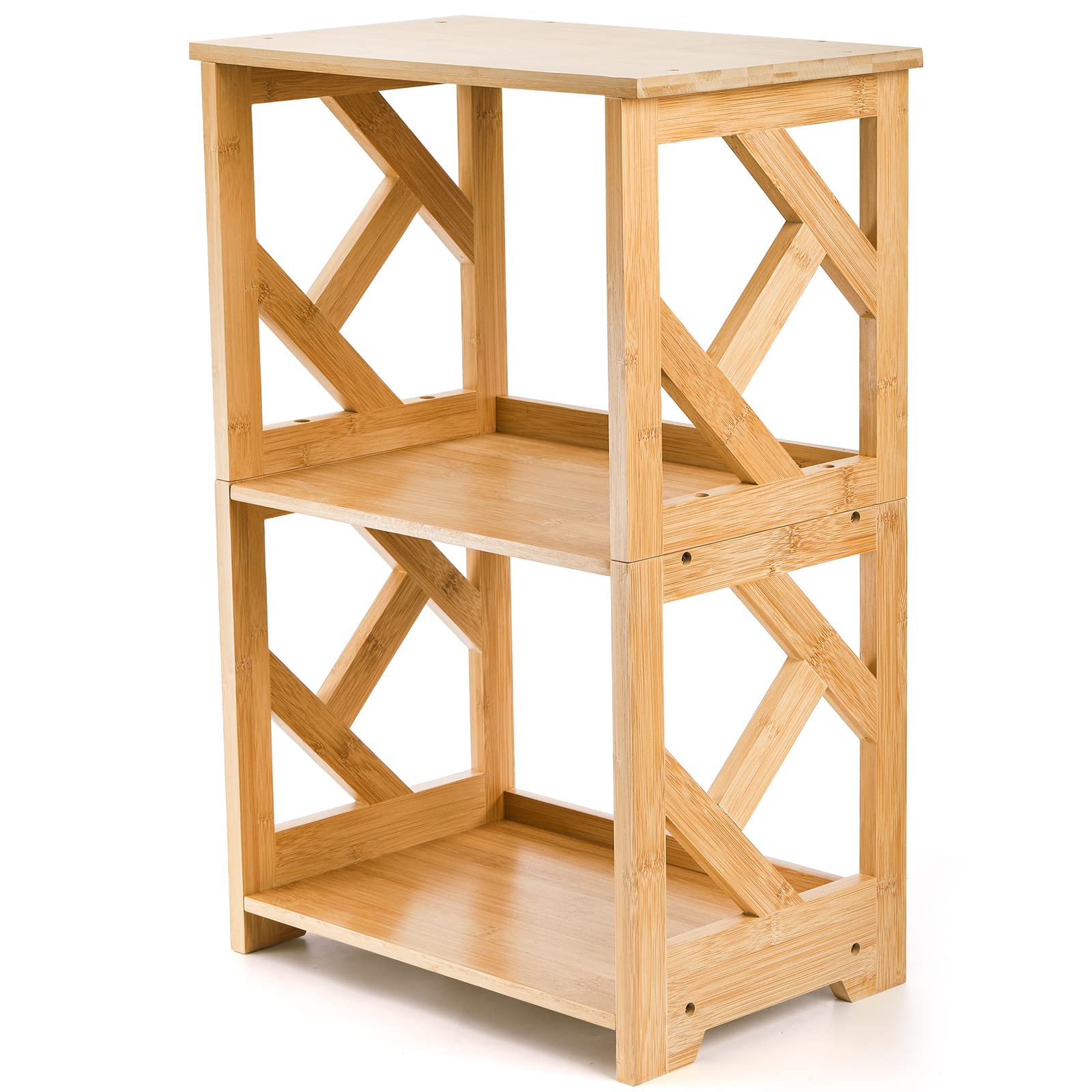 Frcctre 3-Tier Bamboo End Table Side Table Bedside Nightstand, 2 Shelf Small Bookshelf Bookcase, Multifunctional Display Rack Storage Stand for Bathroom, Bedroom and Living Room