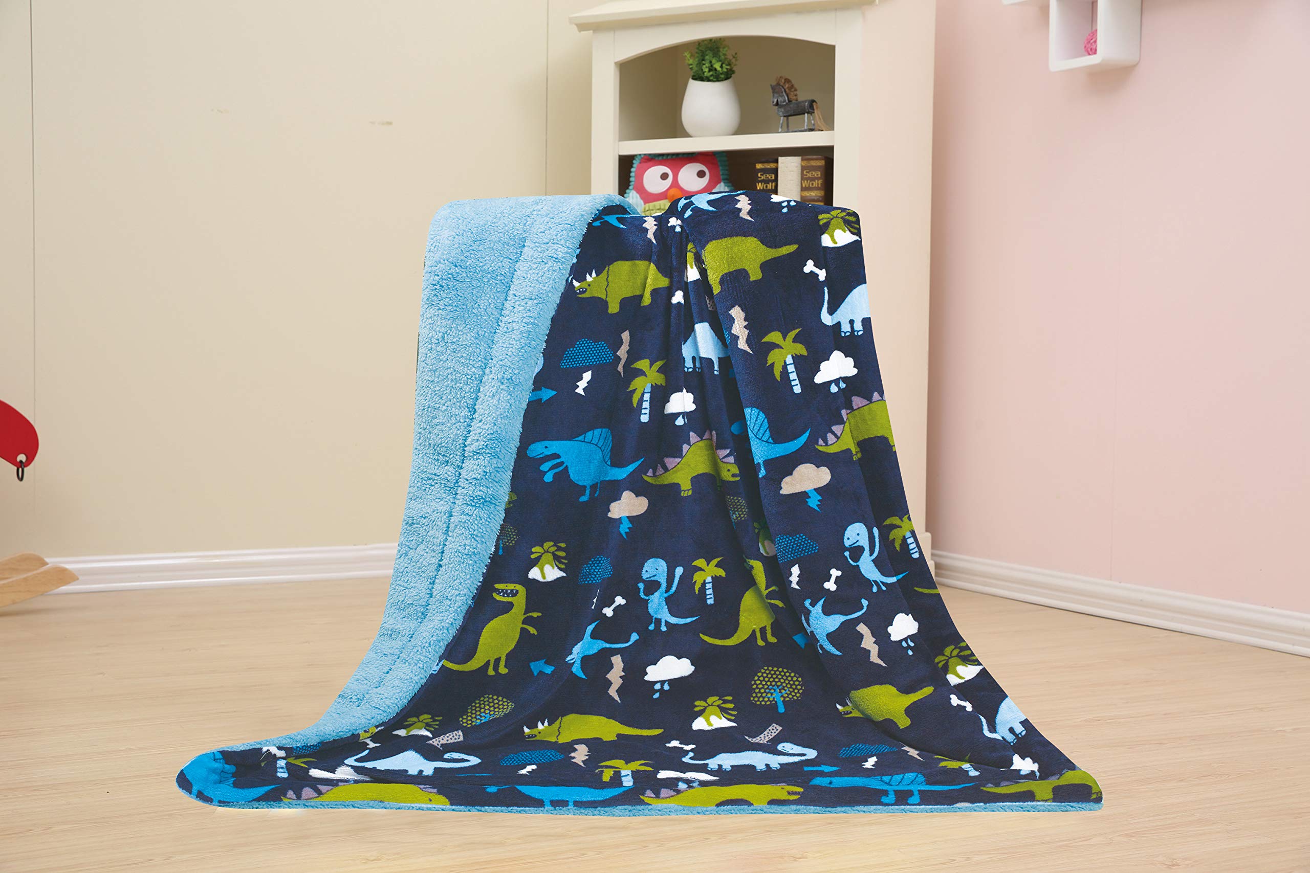 Marina Decoration Reversible Rich Printed Woven Fluffy Plush Soft Warm Flannel Fleece Sherpa Kids Children Blanket, 30 x 40 Inch Green Blue Color Dinosaur Zoo with Navy Blue Base Pattern