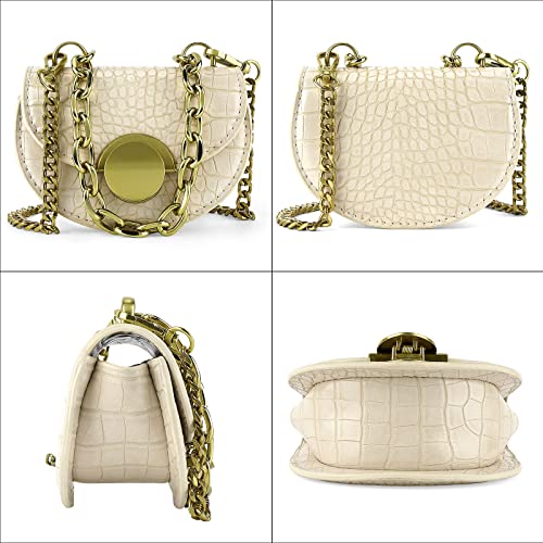 Linkidea Mini Crocodile Pattern Purse, Small Cute Evening Bag with Chain, Vegan Leather Trendy Clutch Shoulder Handbag for Women (Beige)