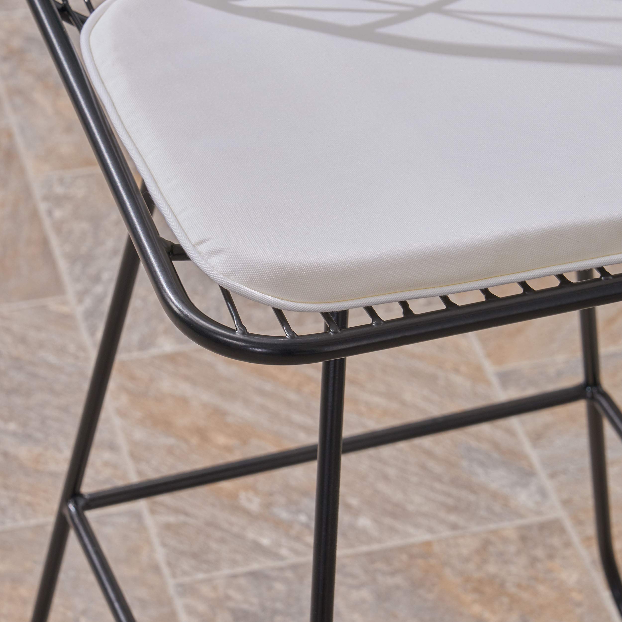 GDFStudio Outdoor Counter Stools, 26" Seats, Modern, Geometric, Black Iron Frames with Ivory Cushion (Set of 4)