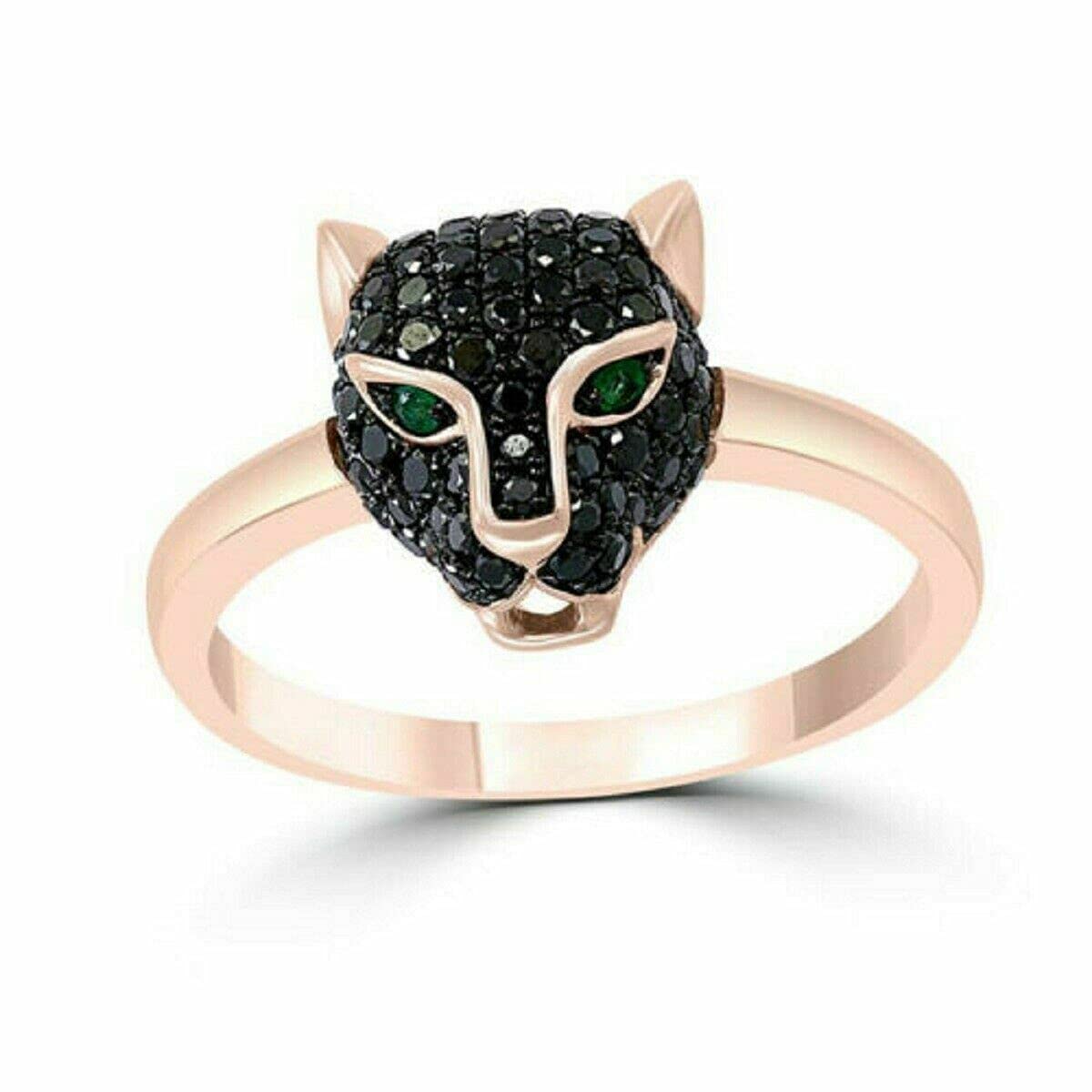 DRISHYA FASHION 1.80 Ct Round Cut Simulated Black Diamond & Green Emerald Panther Head Engagement Ring 14k Rose Gold Plated (6)
