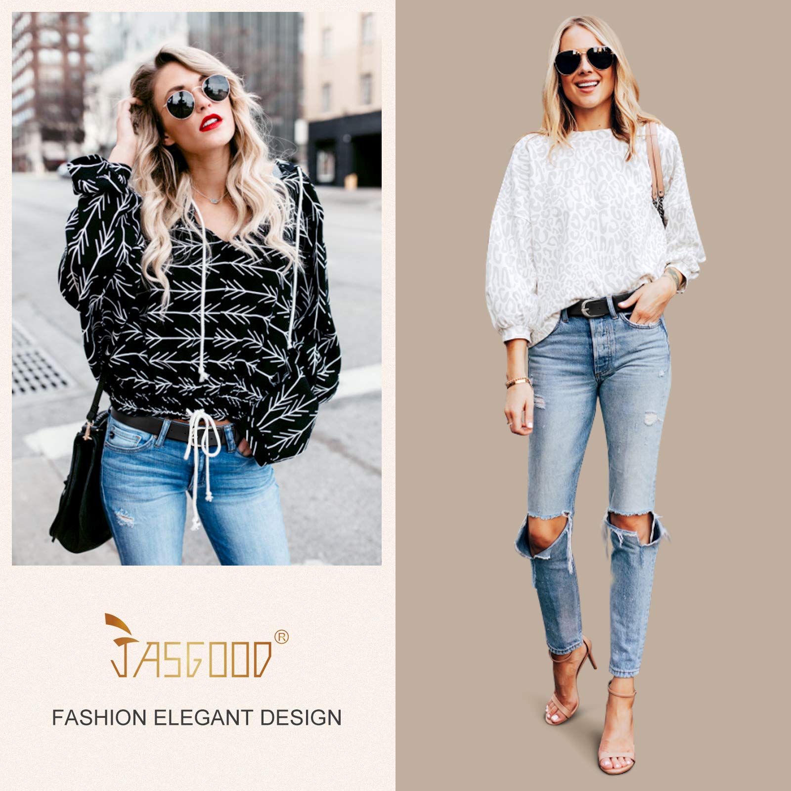 JASGOOD Women Leather Belt for Jeans Pants Plus Size Western Design Belt Alloy Buckle, Suit Waist Size 26-30 Inches, A-Black