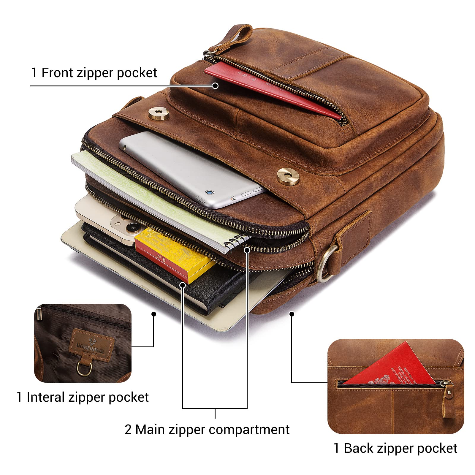 HUMERPAUL Genuine Leather Crossbody Sling Bag Messenger Man Purse Handbags for Mens Zipper Shoulder Bag for Work Business (Brown)