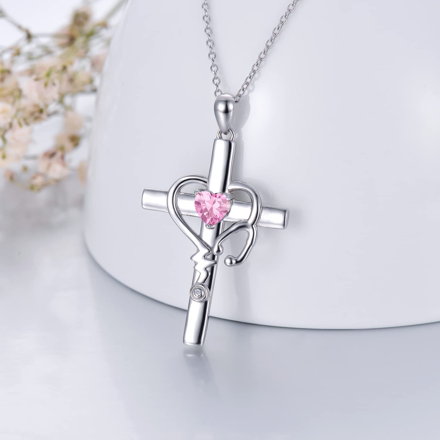 LONAGO Stethoscope Necklace Silver Cross Pendant Necklace with October Birthstone Stethoscope Jewelry Graduation Gift for Women