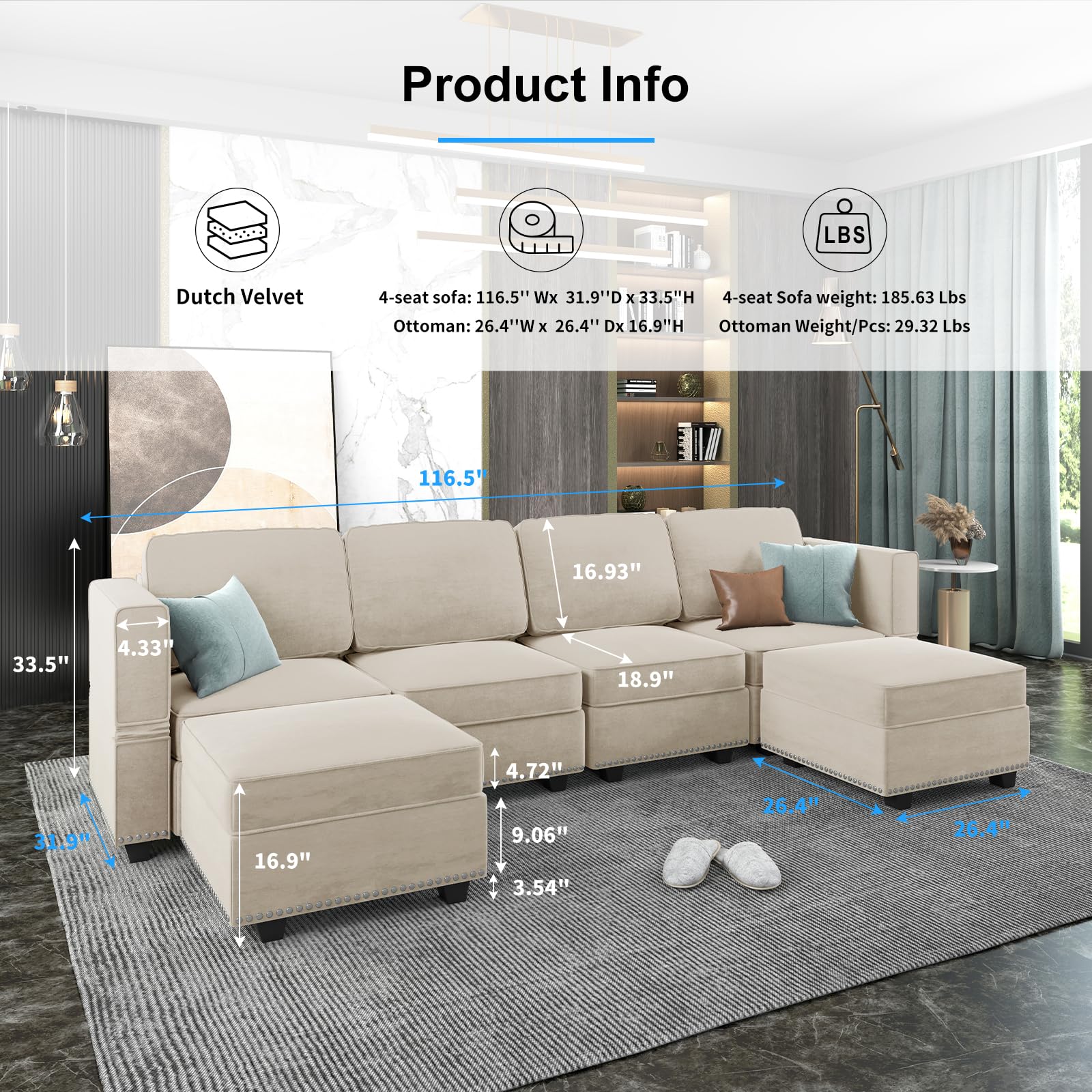 PUREMIND Modular Sectional Sofa with Reversible Storage Ottoman, Convertible U Shaped Couch with Adjustable Armrest & Backrest, Velvet Dark Grey 6 Seater L Shaped Sofa Sleeper for Living Room