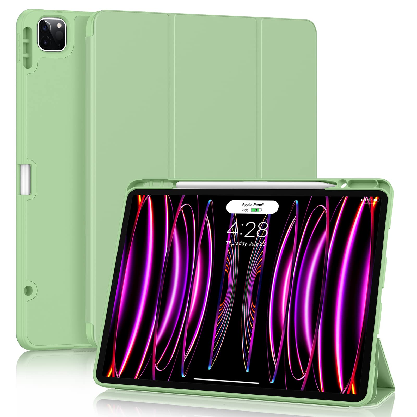 Supveco New iPad Pro 12.9 Inch Case 2022/2021 (6th/5th Gen) with Pencil Holder [Support iPad 2nd Gen Pencil Charging/Pair],Trifold Stand Smart Case with Soft TPU Back,Auto Wake/Sleep-(Green)