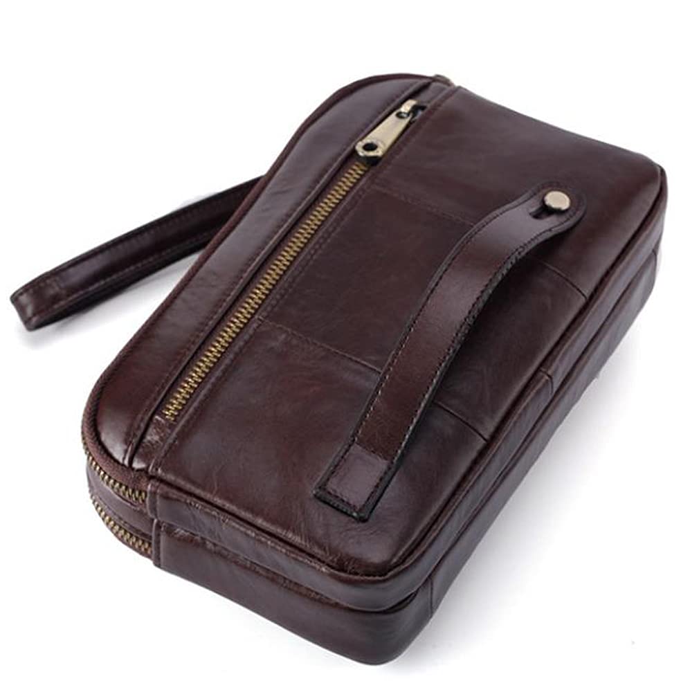 Leather Clutch Bag Wrist Purse for Men Women Business Organizer Wristlet Strap Pouch Coin Money Case Wallet Handbag Cell Phone Holder Daypack