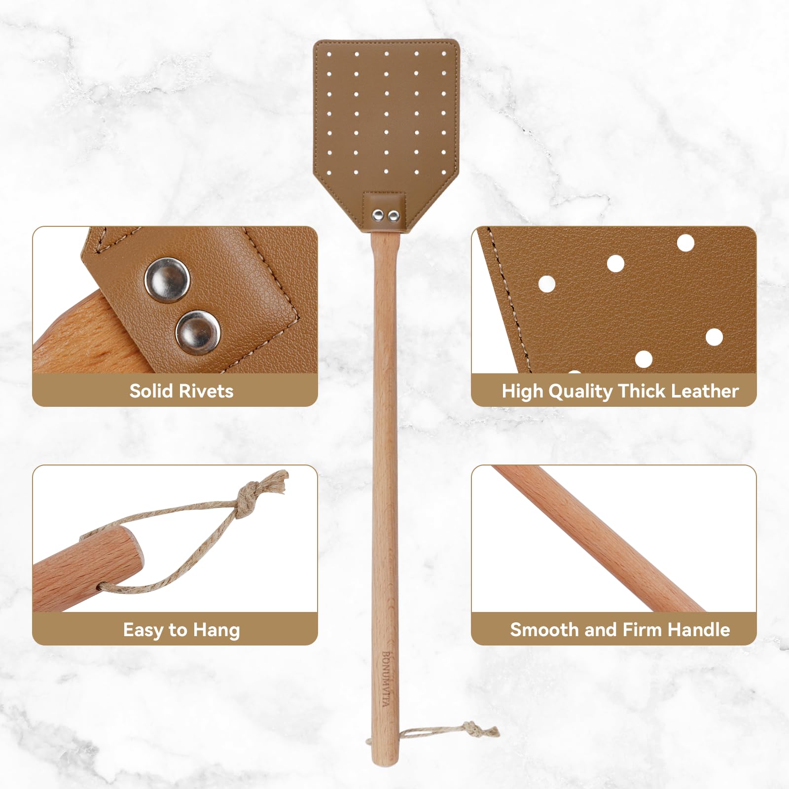 Fly Swatter Heavy Duty for Indoors Outdoor,Handle(19.7") and Hanging Rope, Durable Leather Fly Swatter for Flies Bees Mosquitoes Catch Works(3-Pack, Brown)