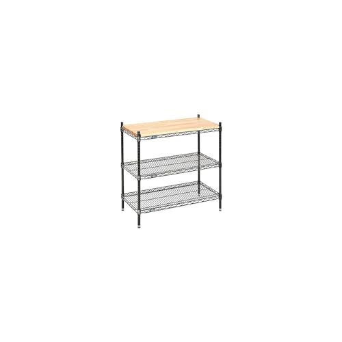 Nexel Wire Display Unit, 24" x 14" x 34", Solid Hardwood Butcher Block Top, 3 Tier Black Epoxy Powder Coat, Adjustable Shelves, 800lb Per Shelf Capacity, Leveling Feet with Glides