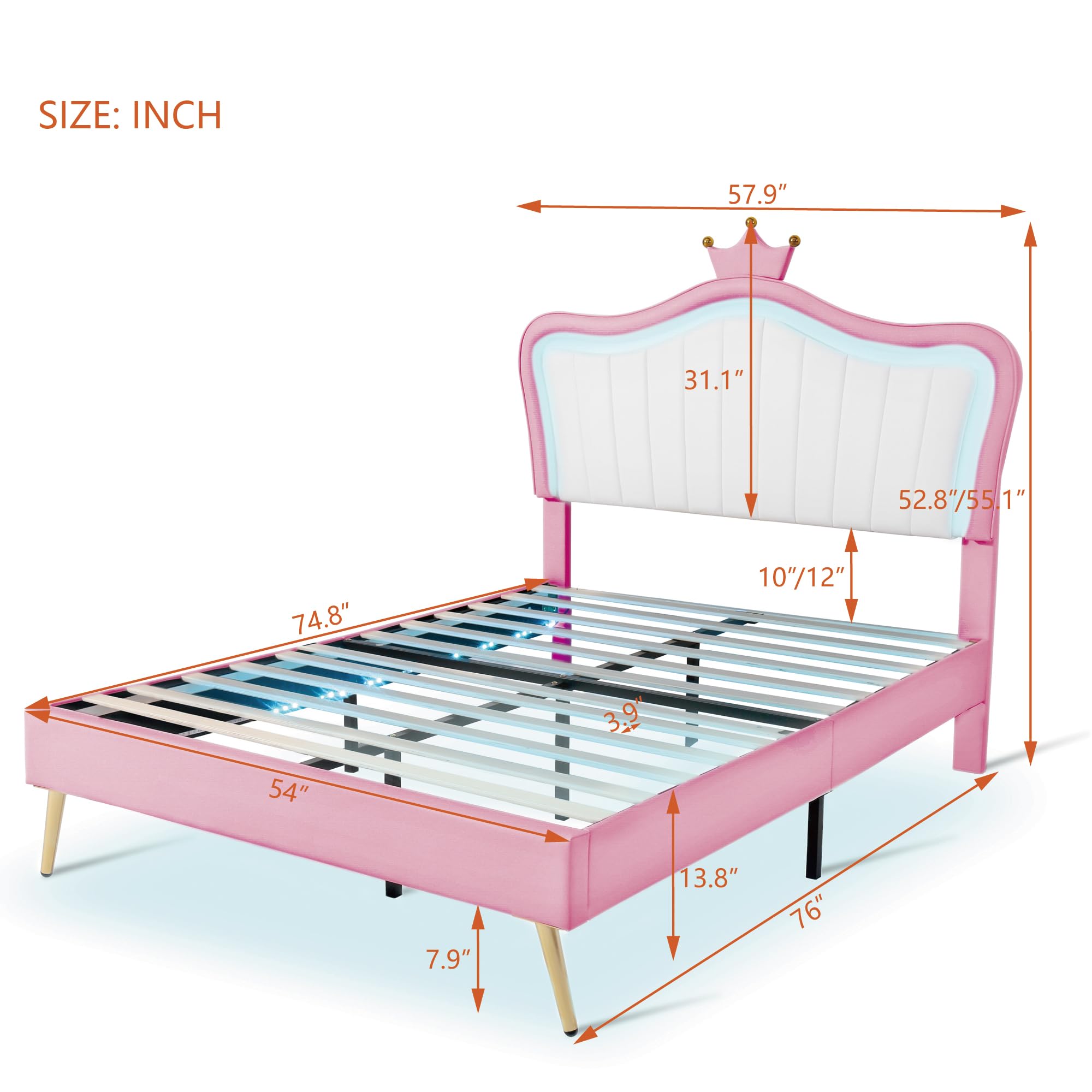CITYLIGHT Full Size Upholstered Princess Bed with Crown Headboard, Wood Cute Kids Bed Frame Full with LED Lights and Metal Legs for Girls, No Box Spring Required (Full,Pink)