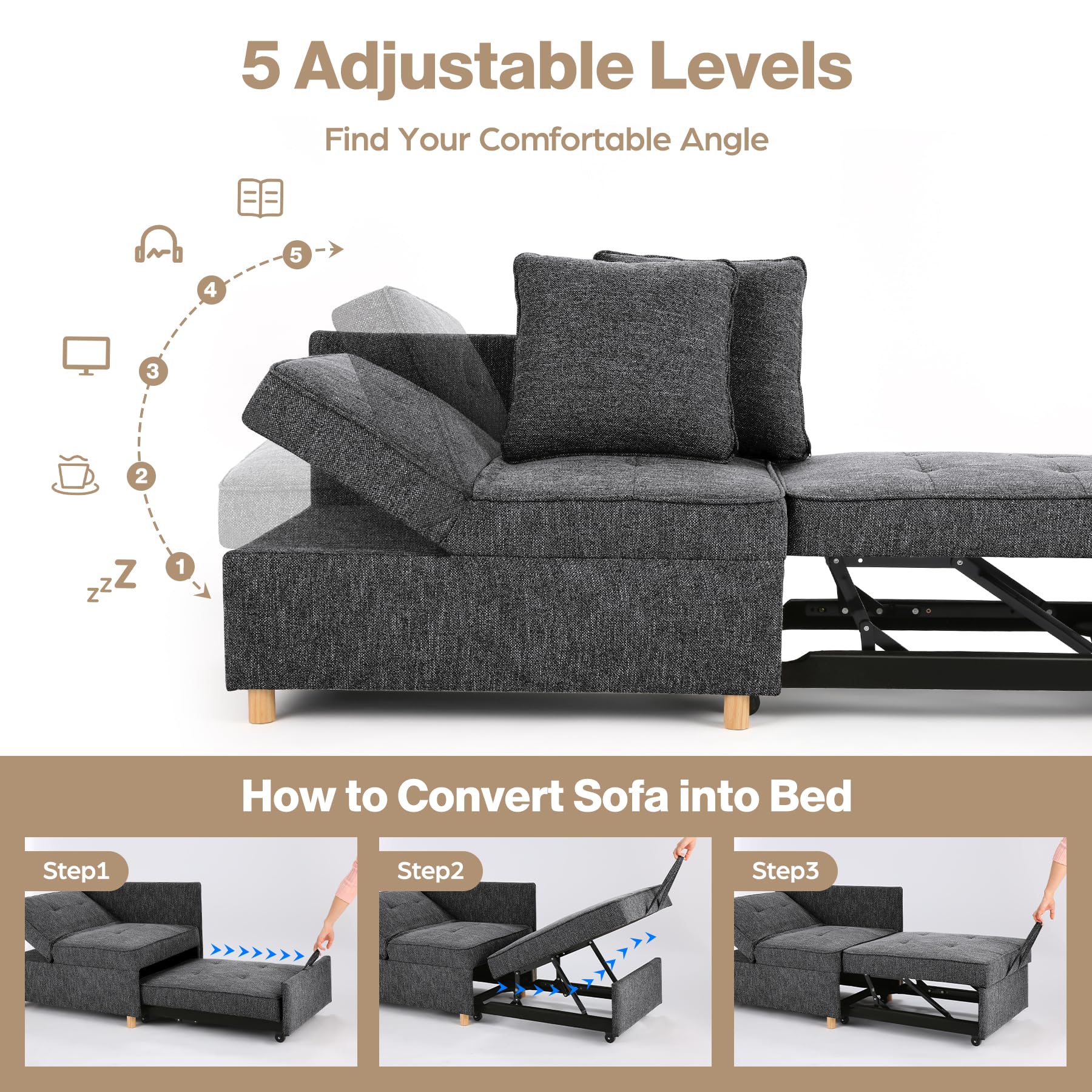 SEJOV Sofa Bed, 4-in-1 Convertible Sleeper Sofa, Pull Out Couch with 3 Seater, Sofa Chair with 5 Adjustable Backrests, 71โโ Linen Couch with 2 Pillow, Loveseat for Living Room, Yellow