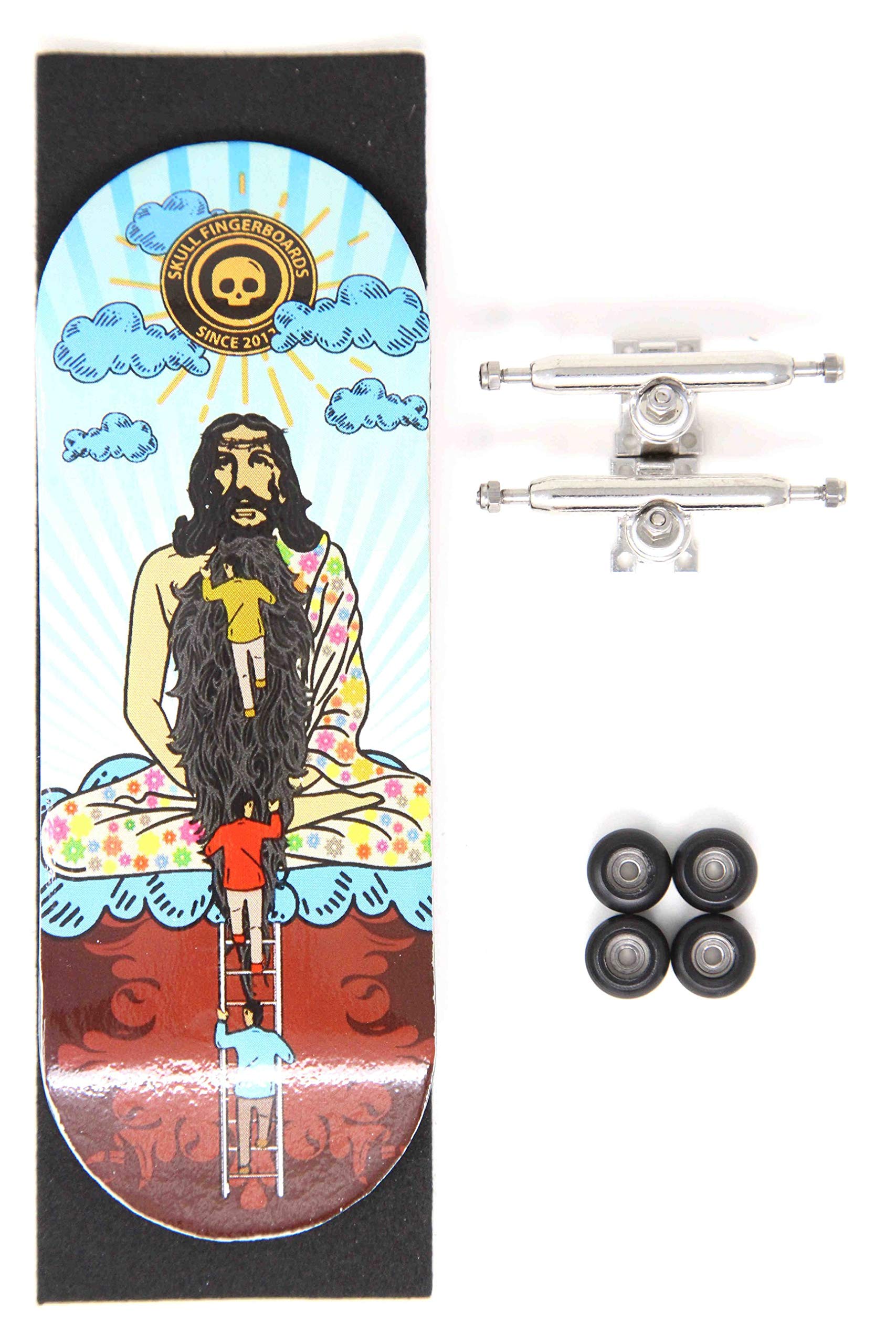Skull Fingerboards® Hippie Jesus 34mm Pro Part Upgraded Complete Professional Wooden Fingerboard Mini Skateboard 5 PLY Premium Grade Veneer with Polyurethane ABEC Bearing Wheels