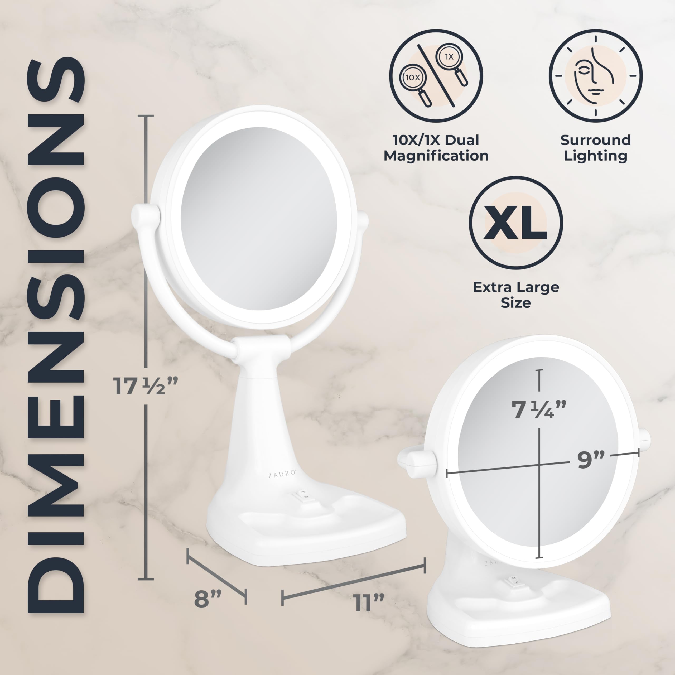 Zadro 11" W Max Bright Fluorescent Lighted Makeup Mirror with Magnification 10X/1X Swivel Head Tray Makeup Light Mirror, White