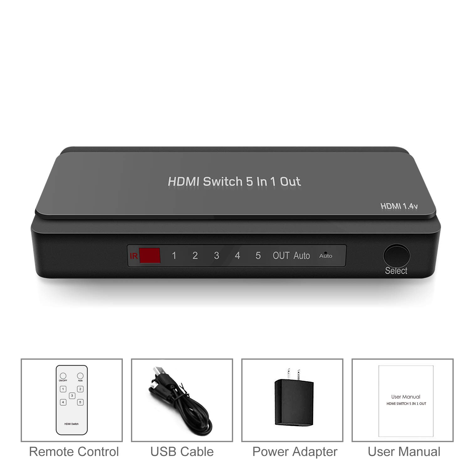 RuiPuo 5Por tHDMI Switcher, HDMI Selector 5 in 1 Out with PIP Function and IR Wireless Remote Control for Fire Stick, Xbox, PS3/4, Roku, Apple TV and DVD Players ect Support 4K, 3D Ultra HD