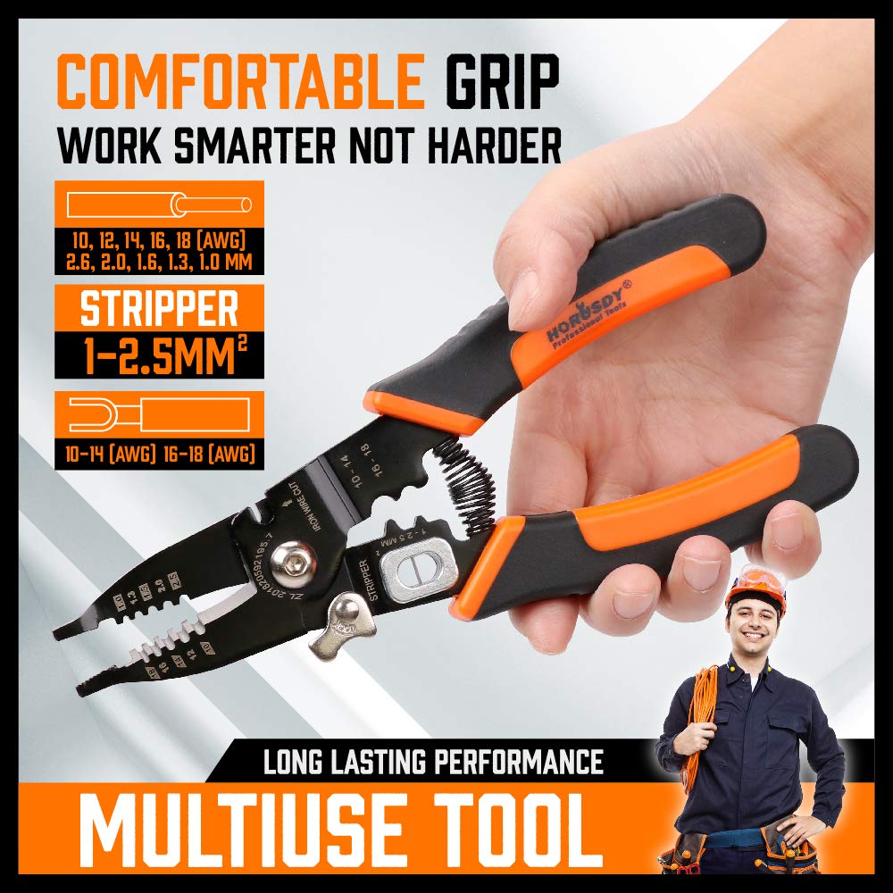 HORUSDY 6-in-1 Wire Stripper Tool | 8-Inch Wire Stripper for Wire | Stripping | Crimping | Cutting | Iron Wire Cutting | Double Strand Wire Cutting