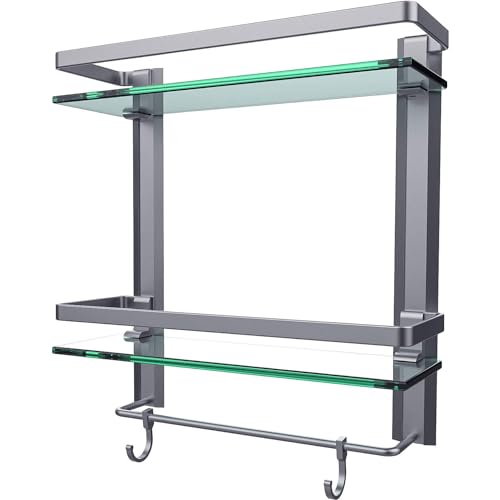 Vdomus Glass Bathroom Wall Organizer Shelf, 2-Tier Glass Shelf with Integrated Towel Bar Wall Mounted Shower Storage 15.2 by 5 inches, Brushed Silver Finish (2 Tier Glass Shelf)