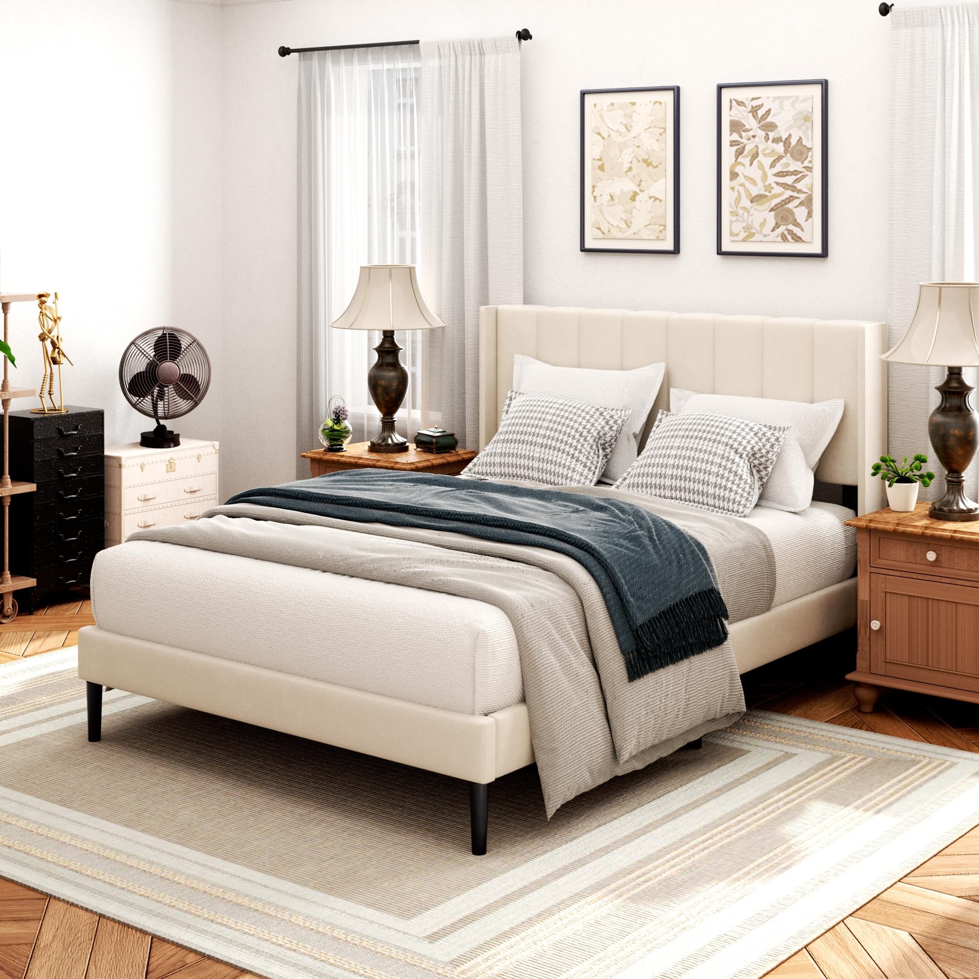 Sismplly Queen Bed Frame with Headboard,Bed Frame Queen Size Vertical Channel Tufted Wingback No Box Spring Needed, Mattress Foundation, Easy Assembly, Beige