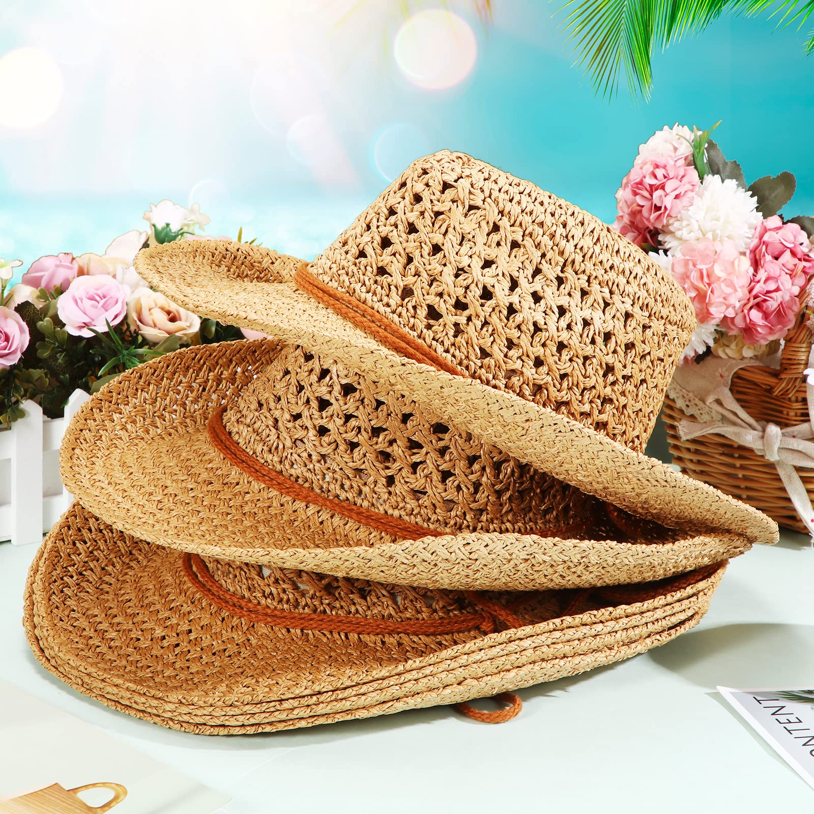Unittype 6 Pcs Western Cowboy Straw Hats Shapeable Handmade Woven Sunscreen Beach Hat for Women Men Outdoor Seaside (Khaki)