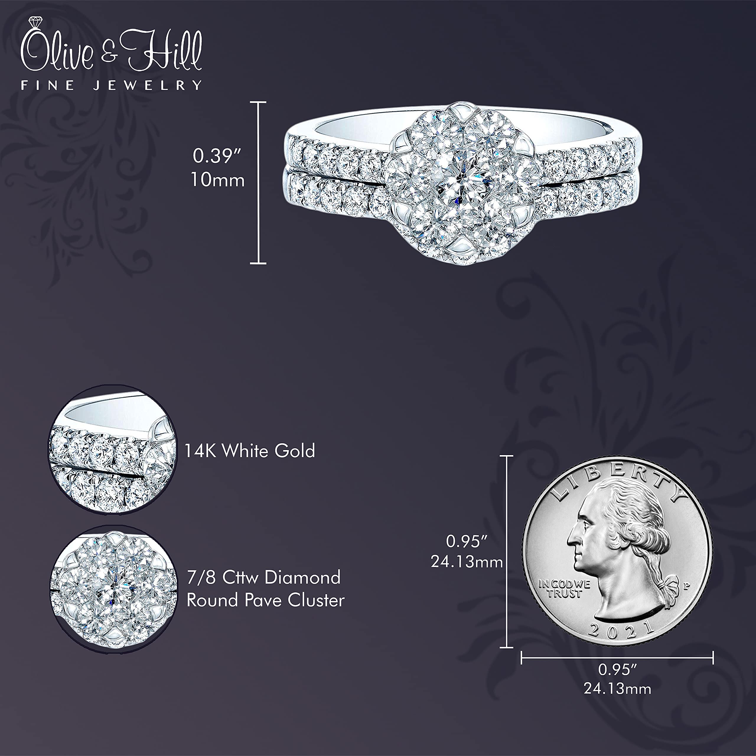 Olive & Hill Fine Jewelry 14K White Gold 1-1/8 Cttw Diamond Pave Round Cluster Engagement & Wedding Ring Set (H-I Color), Size 7