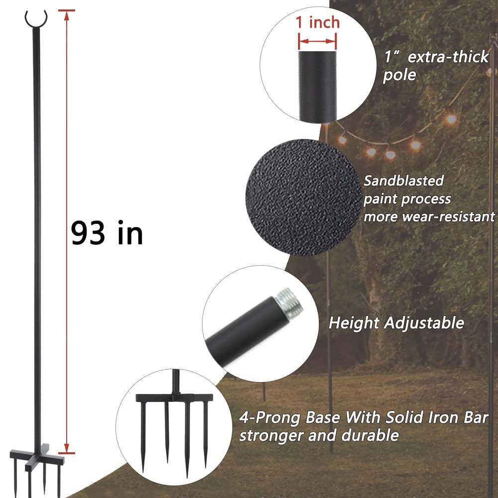RINLAIN String Light Poles,100 Inch Height Adjustable Metal Stand Pole with Hooks for Hanging String Lights,Garden, Backyard, Patio Lighting Stand for Parties, Wedding 2 Pack (Matte Black)