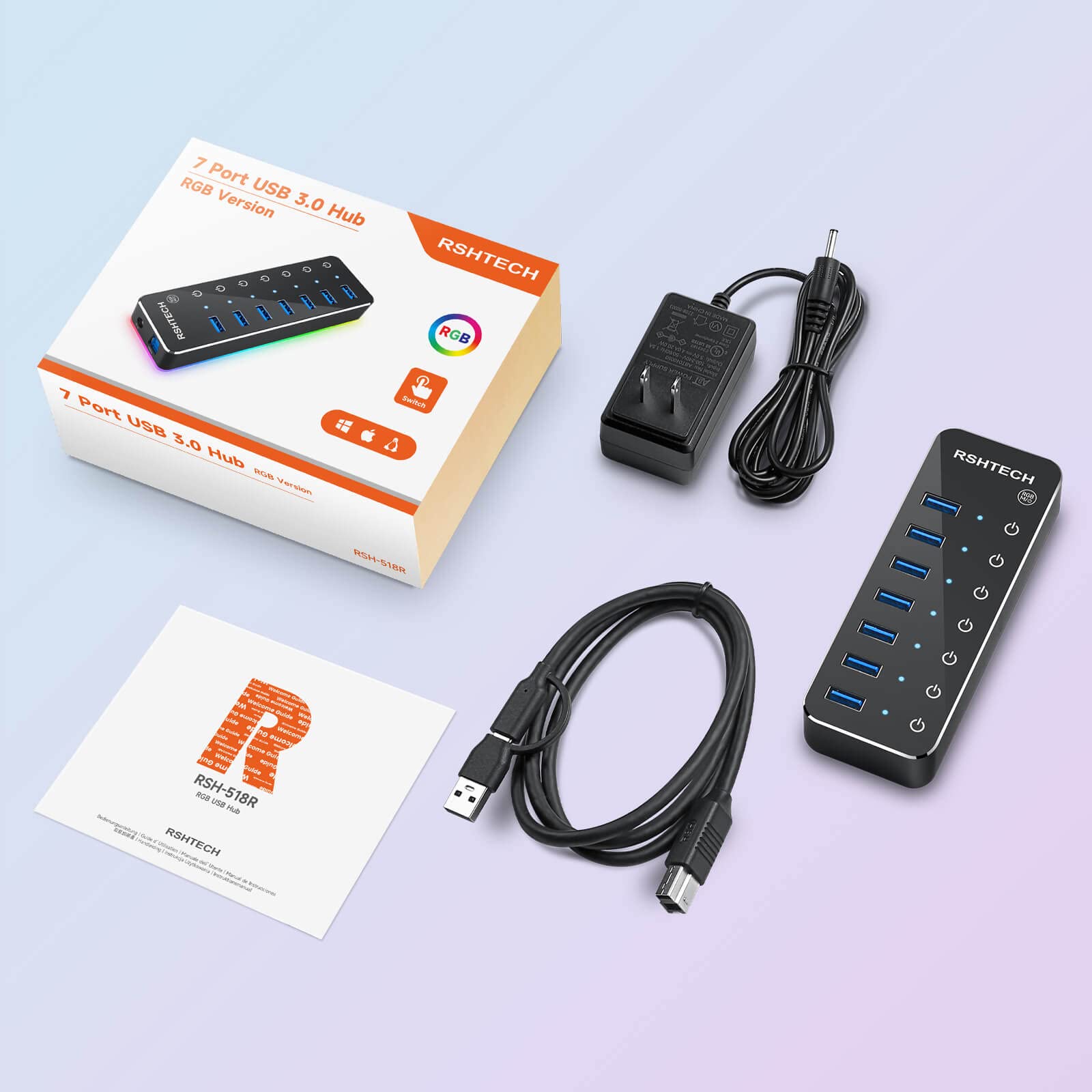 Powered USB Hub, RSHTECH RGB 7 Ports USB 3.0/USB C Hub with 14 Mode RGB LED Strip, Individual Touch Switches, 3.3ft Cable and 5V/4A Power Adapter, Aluminum Gaming USB Hub for PC and Laptop, RSH-518R