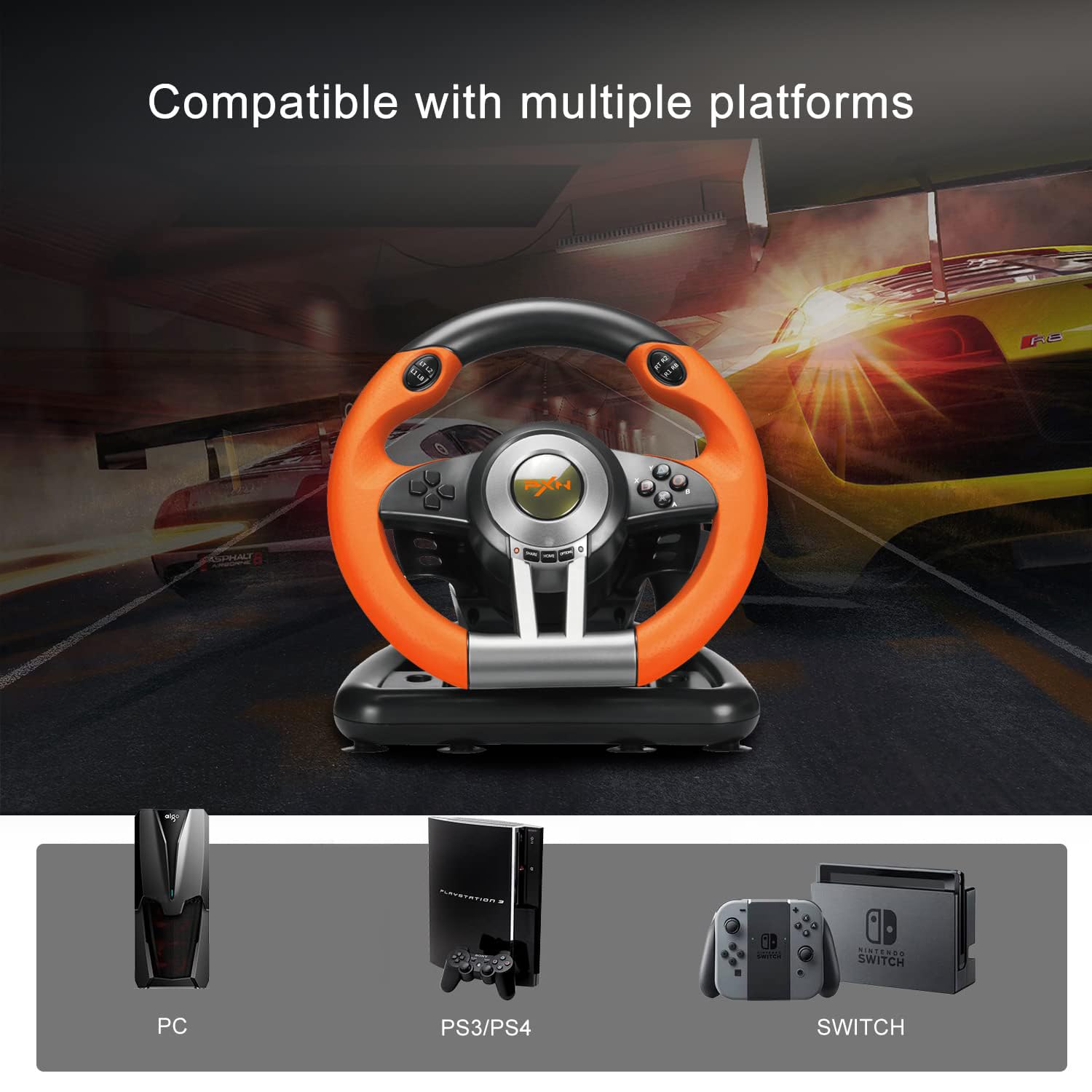 PXN Steering Wheel for PC, V3II Used - Like New Racing Wheel with Pedals 180° Vibration Racing Steering Wheel for PS4,PC,PS3,Xbox Series X|S, Xbox One,Switch(Orange)