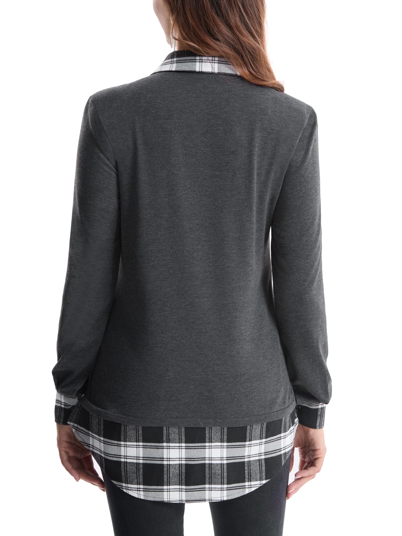 DJT Fashion Women's 2-in-1 Plaid Checker Pullover Sweatshirt T-Shirt Tops L Grey