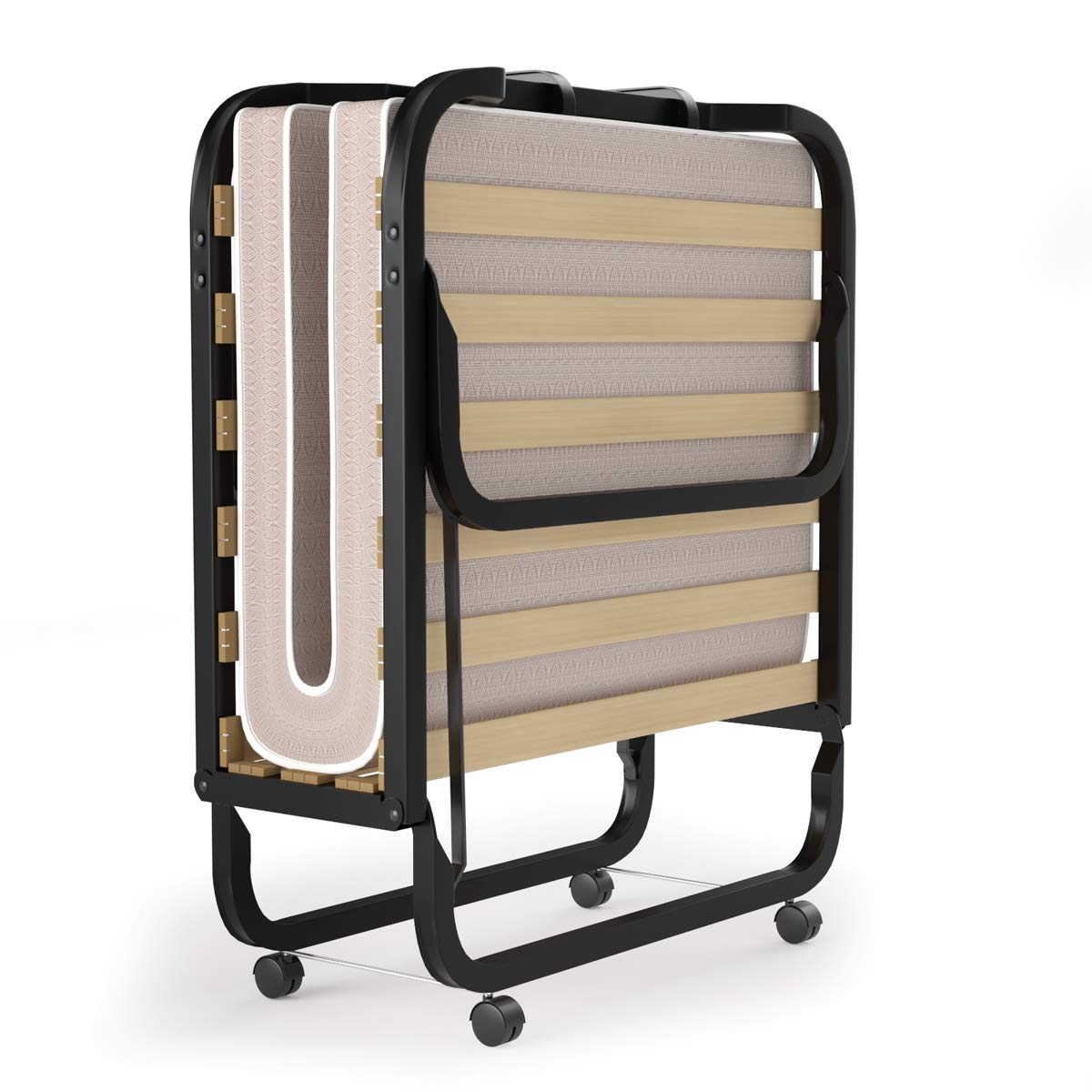 KOMFOTT Folding Bed with 4” Mattress, Foldable Rollaway Bed with Memory Foam Mattress for Adults, Portable Fold Up Guest Bed with Sturdy Steel Frame on Wheels, Made in Italy