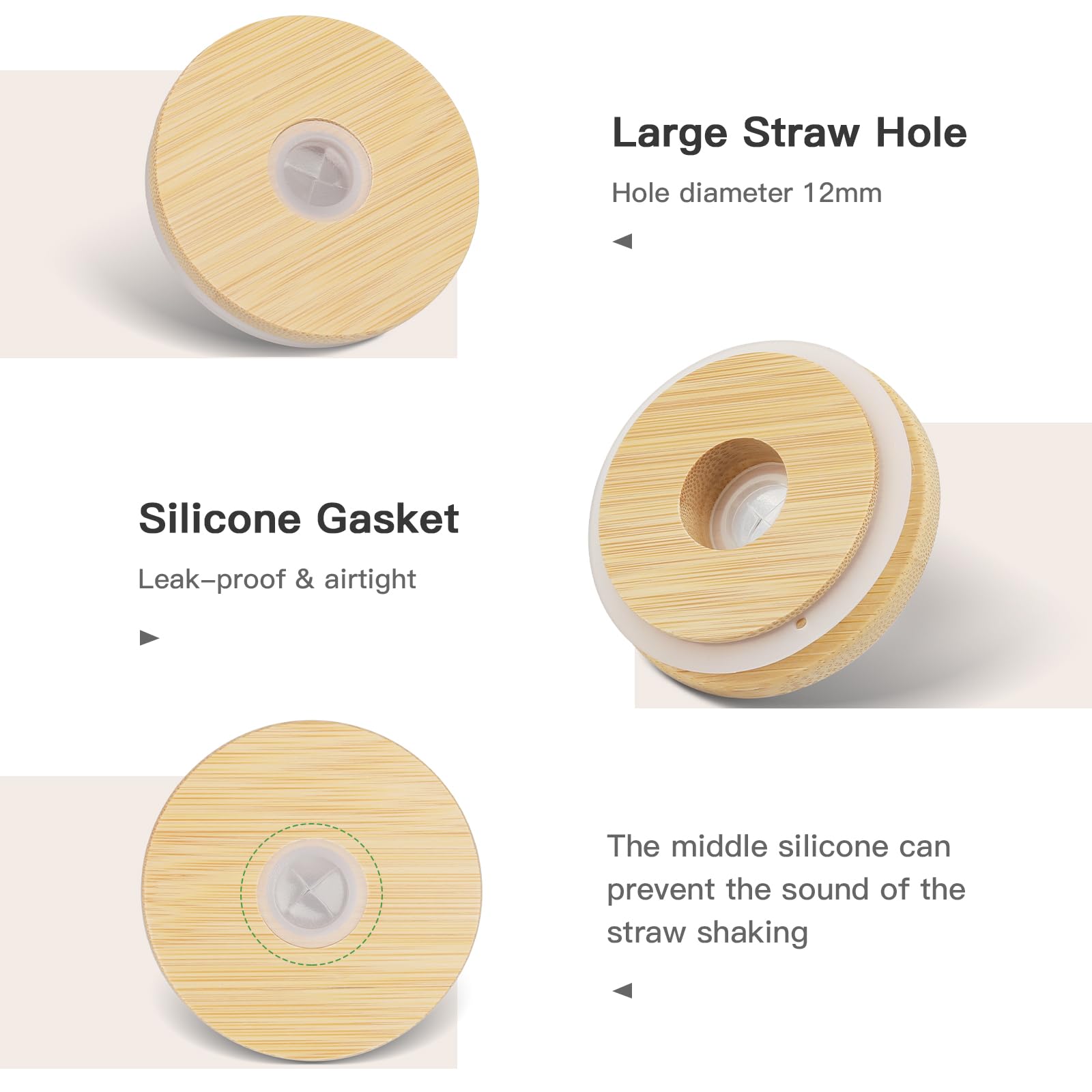 Febflo Bamboo Lids for Glass Cups with Straw Hole, 2.75inch/70mm Wooden Lids for 16OZ Beer Can Cups, Replacement for Regular Mouth 20 24 OZ Cups, 4 Pack