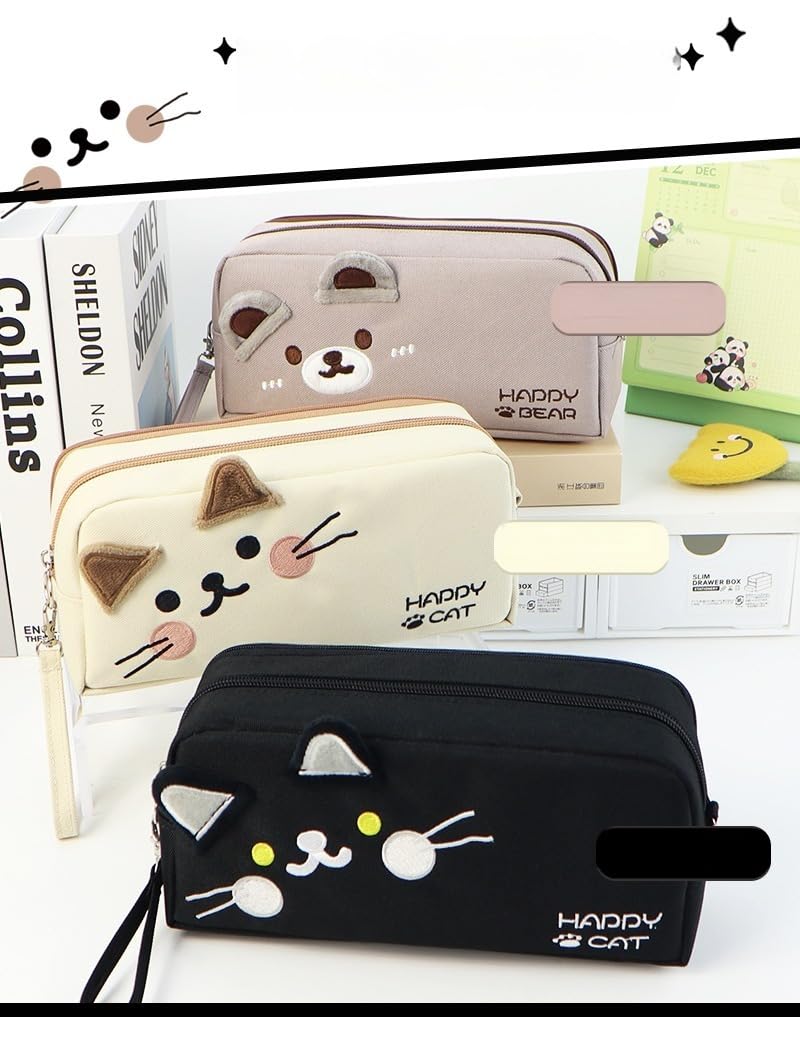 KGJGFX Doubel Layer Large Capacity Pencil Case with Embroidered Cats Grid Compartment of Pen Slots in Black & White Pen Holders Pen Pouch (Beige Cat with 3 Layers)