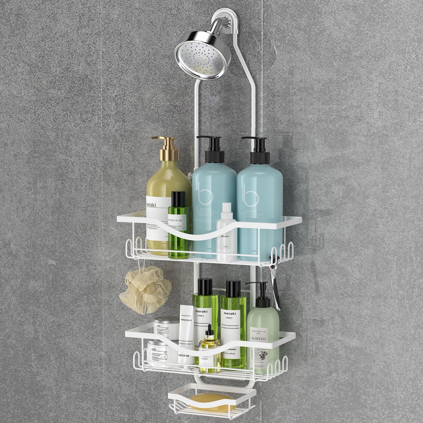 Shower Caddy Hanging Adjustable Shower Caddy, Rustproof Extended Length Shower Caddy Over Shower Head with Hooks Soap Holder, Large Capacity Shower Organizer Anti-Swing Bathroom Organizer, White