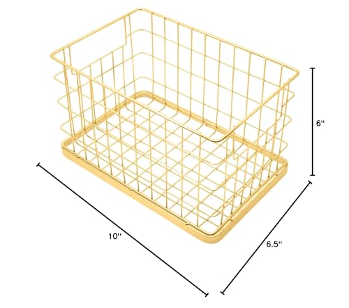 Set of 2 Stackable 10" Metal Wire Storage Basket Bins With Handles (Gold Wide Mesh Base)