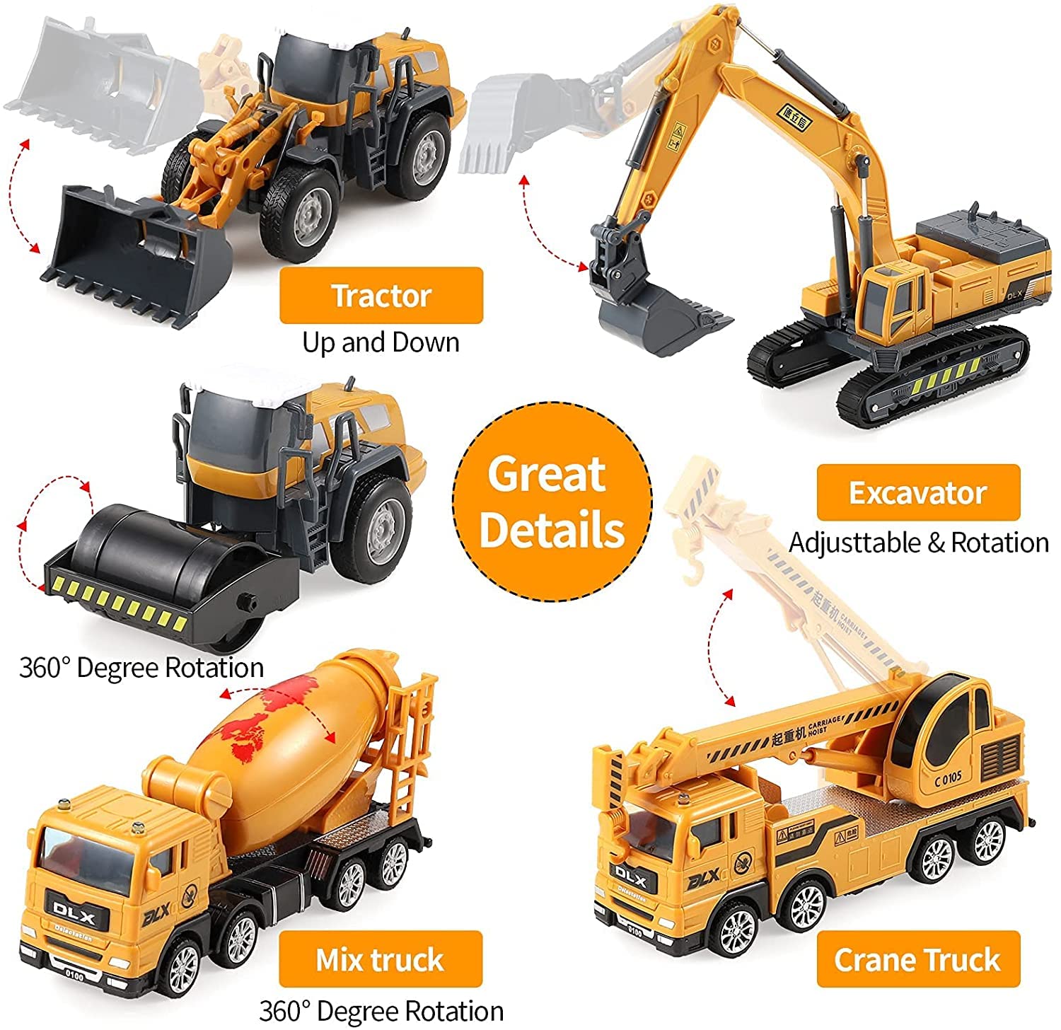 PANITU Construction Truck Toy Set with Game Mat and Storage Bucket, Kids Engineering Cargo Transport Vehicles Site Playset, Tractor, Crane, Dump Trucks, Excavator, Gift for 3 + Toddlers Boys Children