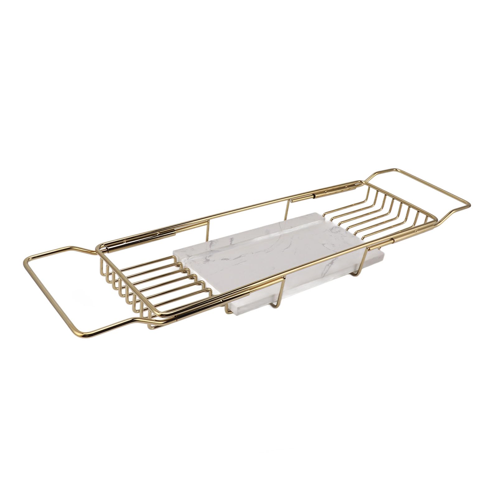Metal Marble Bathtub Rack, Bathtub Caddy Tray Stainless Steel Shower Caddy Tray with Extending Sides, Bathroom Trays (Gold White)