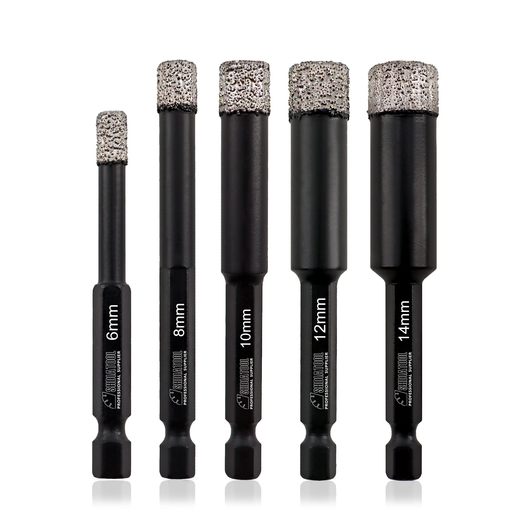 SHDIATOOL Dry Diamond Drill Bits Set for Porcelian Tiles Marble Granite Quick Change Hex Shank Stone Hole Bits(6/8/10/12/14mm) 5pcs