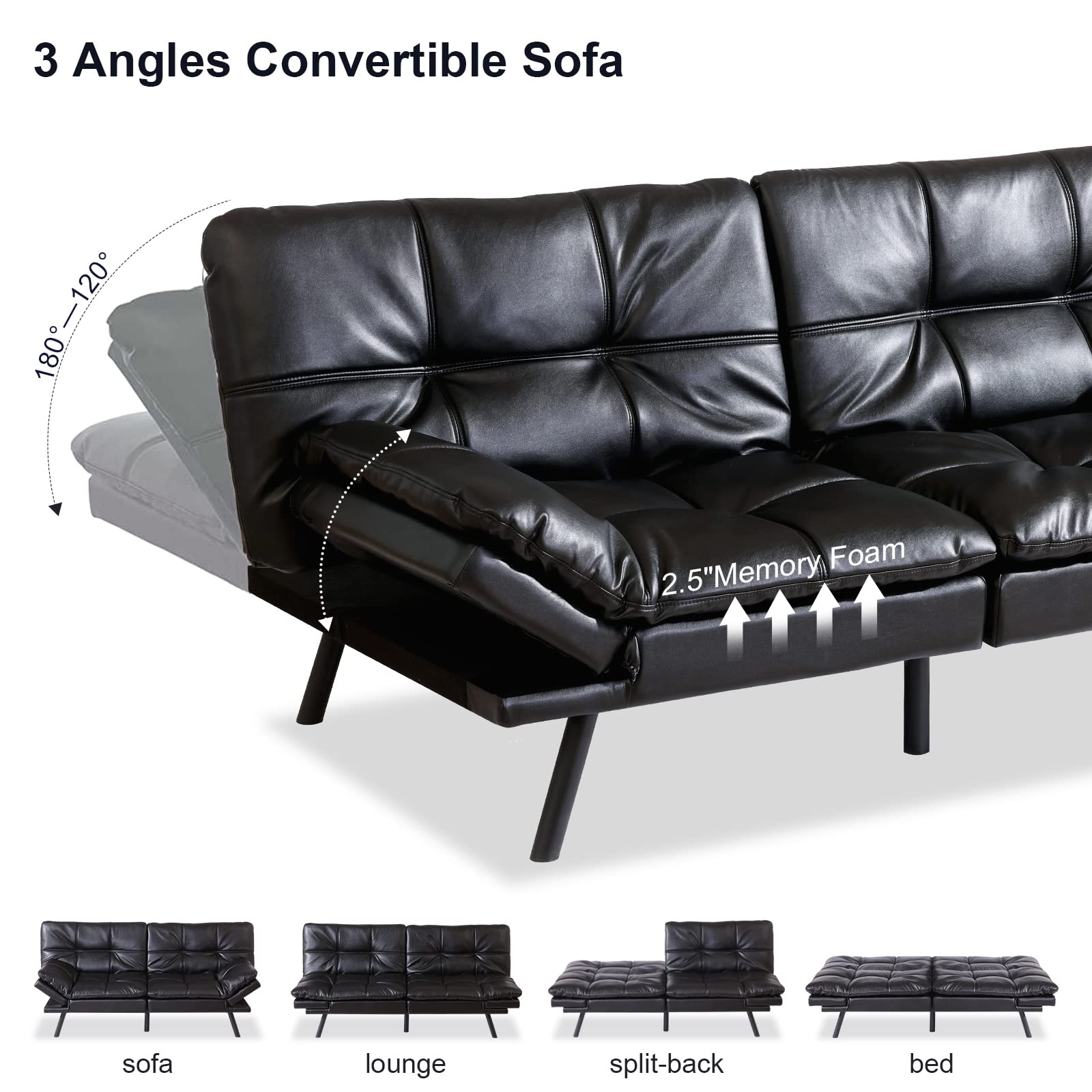 Maxspeed Futon Sofa Bed,Sleeper Memory Foam Sofa Bed Couch,Futon Convertible Sofa Bed Small Couch,Sofa Couch for Living Room Apartment Office.(Black)