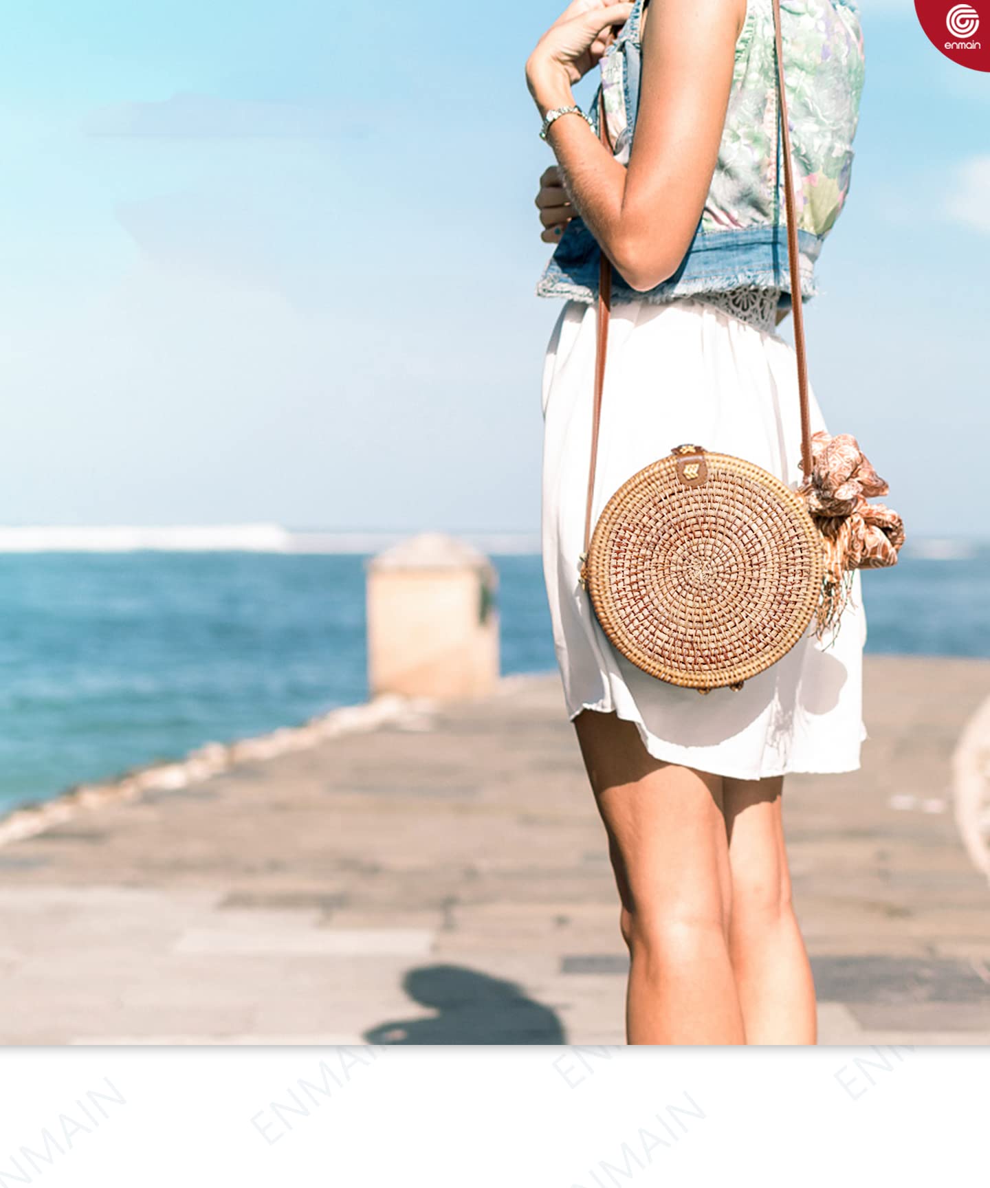 Round Rattan Bag for Women Straw Bag Handwoven Beach Bohemian Shoulder Purse by Enmain