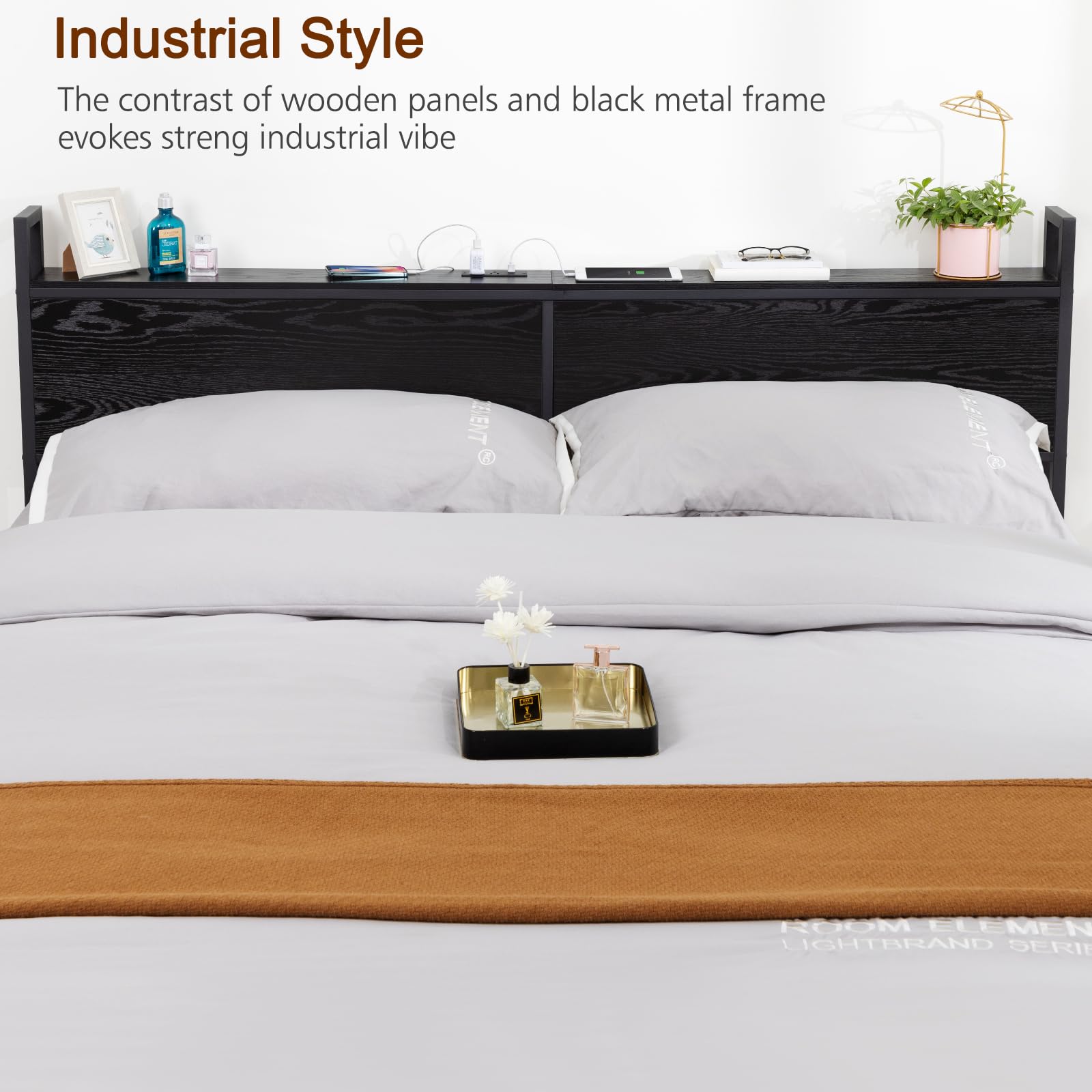 LOAKEKEL Queen Headboard Only, Headboard Queen Size with Outlets and USB Ports, Adjustable Height, Wood Platform Bed Headboard with Storage Rack, Easy Assembly, Black HB051BK