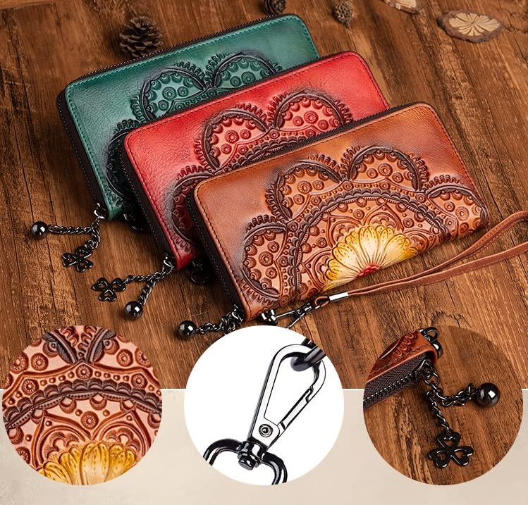 LMKIDS Retro Genuine Leather Wallets for Women Embossed Women's Purse Ladies Clutch Purse with Tassel (Style 8)
