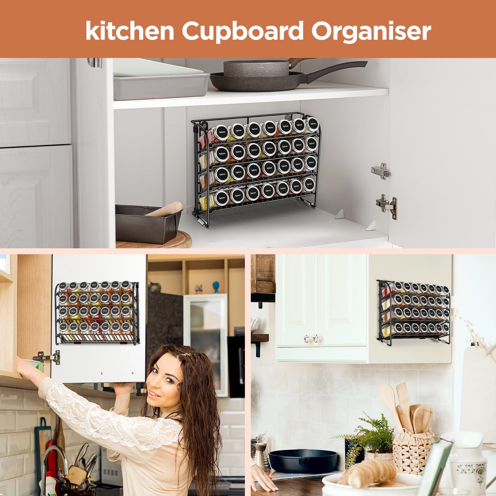 CHARMDI 4 Tier Spice Rack Organizer for Cabinet, Detachable Countertop Spice Rack for Spice Jars(Jars Not Included), Spice Rack Wall mount for Countertop, Cabinet, Kitchen, Black