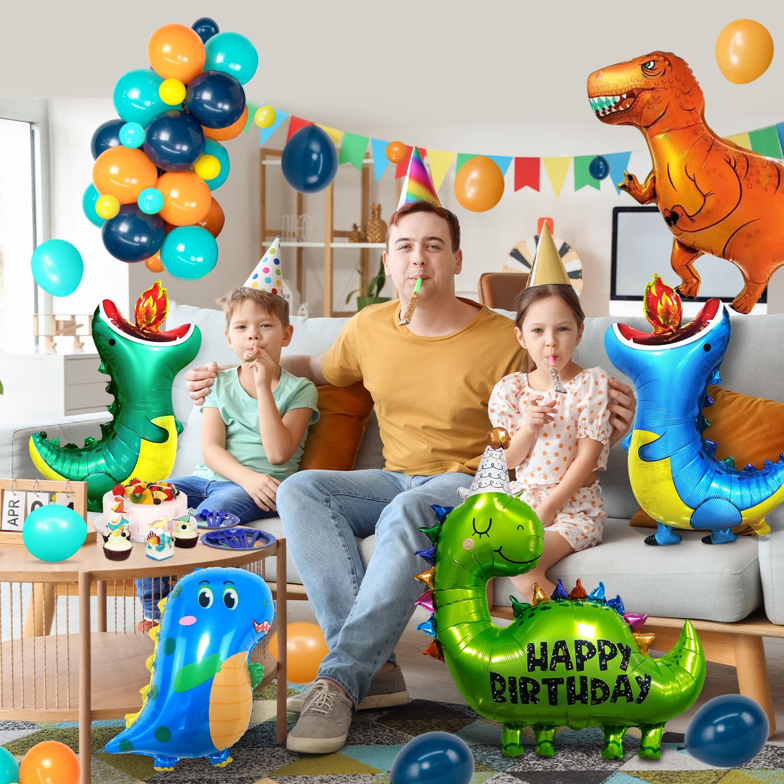 HJINGY 140 PCS Dinosaur Birthday Party Decorations, Blue Dinosaur Party Decorations for Boys Includes Dinosaur Balloons, Customized Backdrop, Tablecloth for Dinosaur Baby Shower Decorations