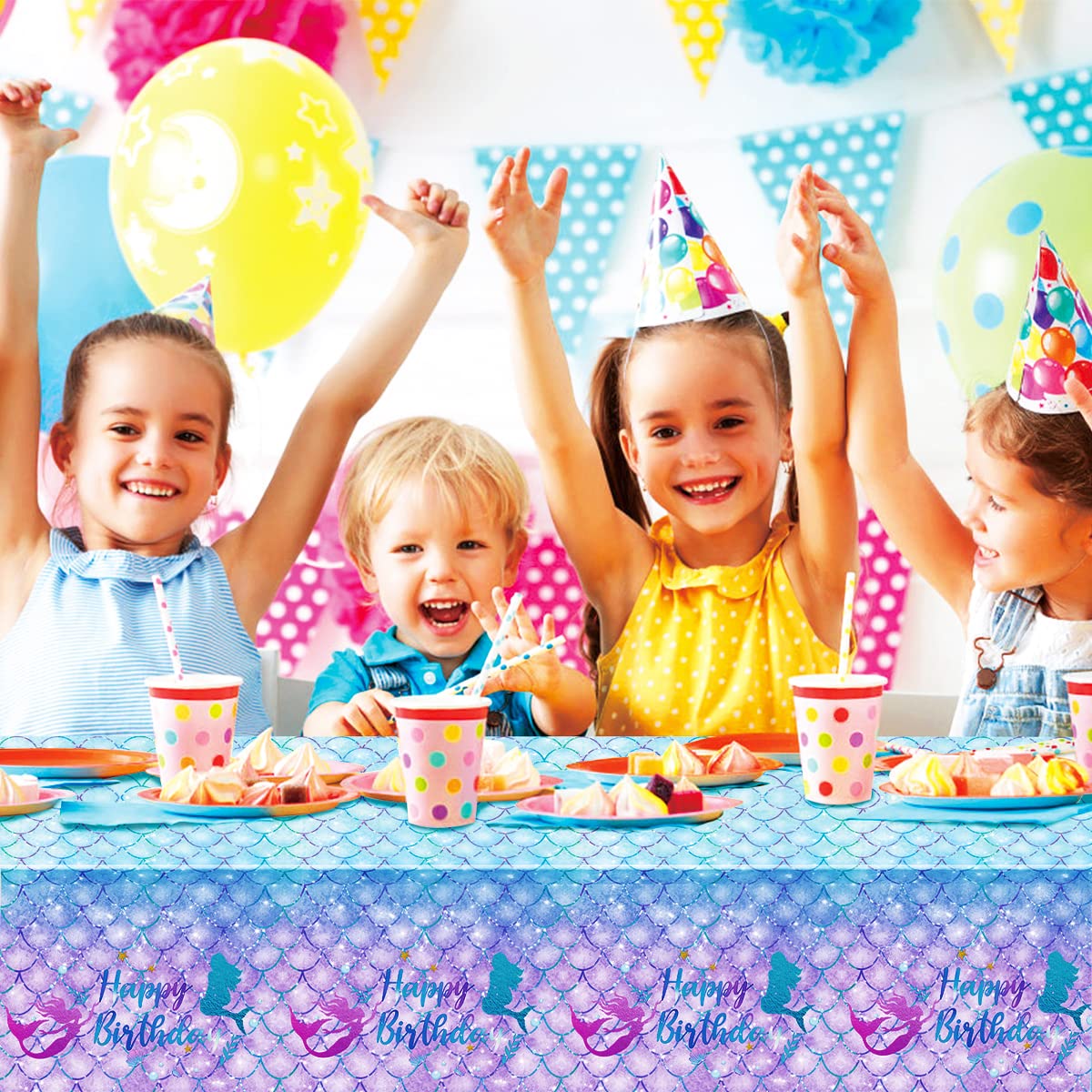 DaiUni 1PCS Mermaid Birthday Tablecloth for Birthday Party Decoration, Plastic Disposable Rectangle Table Cover for Kids Girls Party Supplies, 54" x 108"