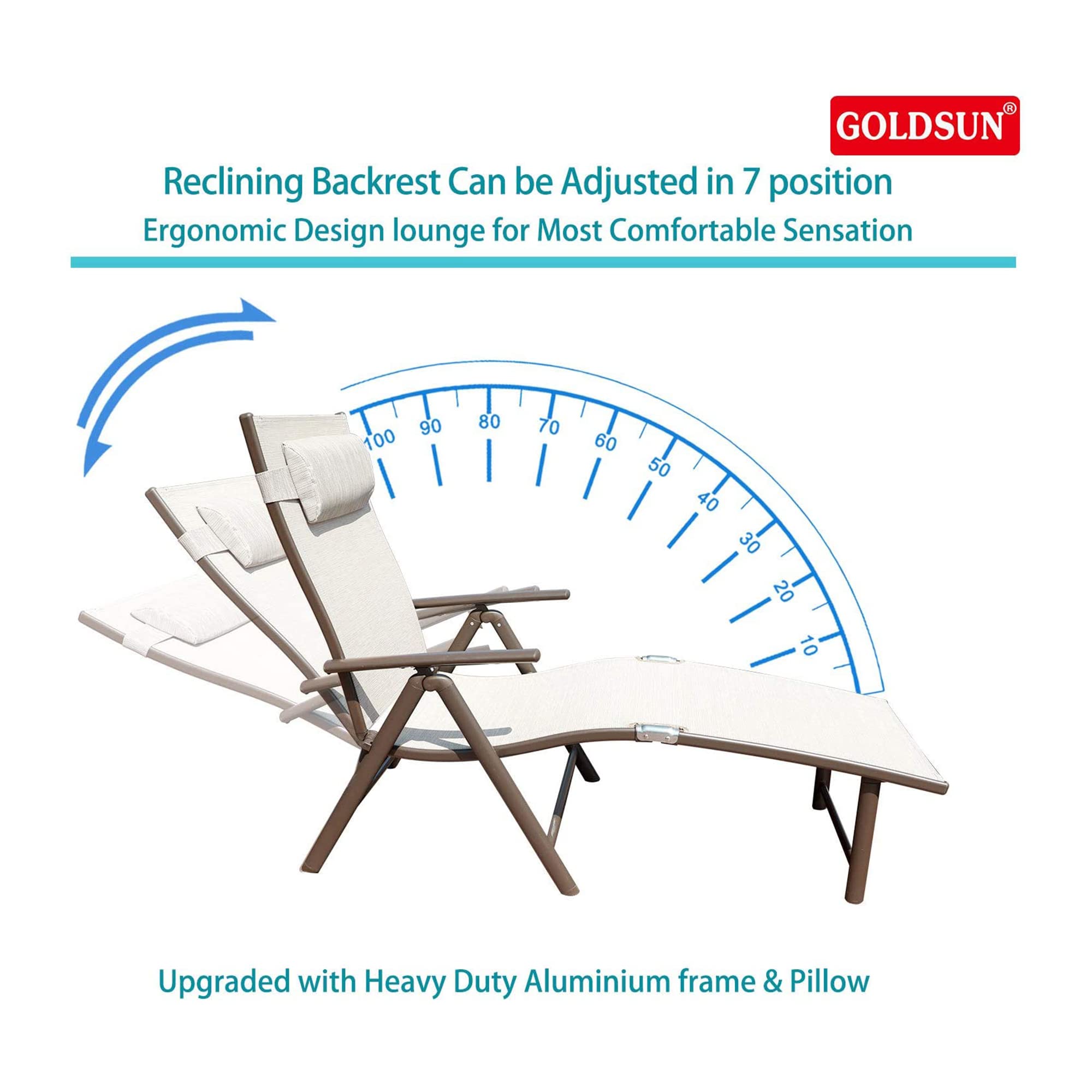GOLDSUN Aluminum Outdoor Folding Reclining Adjustable Patio Chaise Lounge Chair with Pillow for Poolside Backyard and Beach Set of 2, Set of Two, Beige