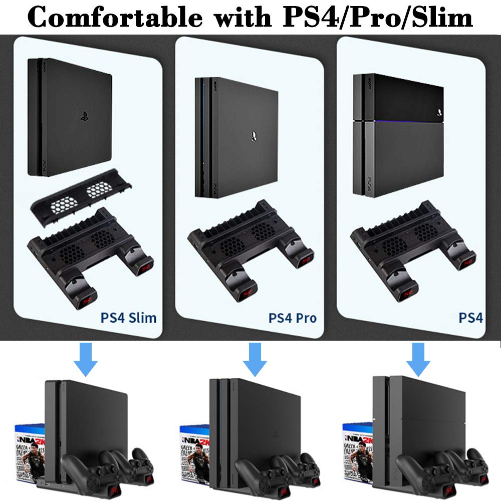Megadream Cooling Fan Stand for PS4, Dual Controller Charge Station for PS4 Slim/PS4 Pro/Playstation 4, Multifunctional Vertical Cooling Stand with LED Indicator, 10PCS Games Storage, 4 Usb Connectors