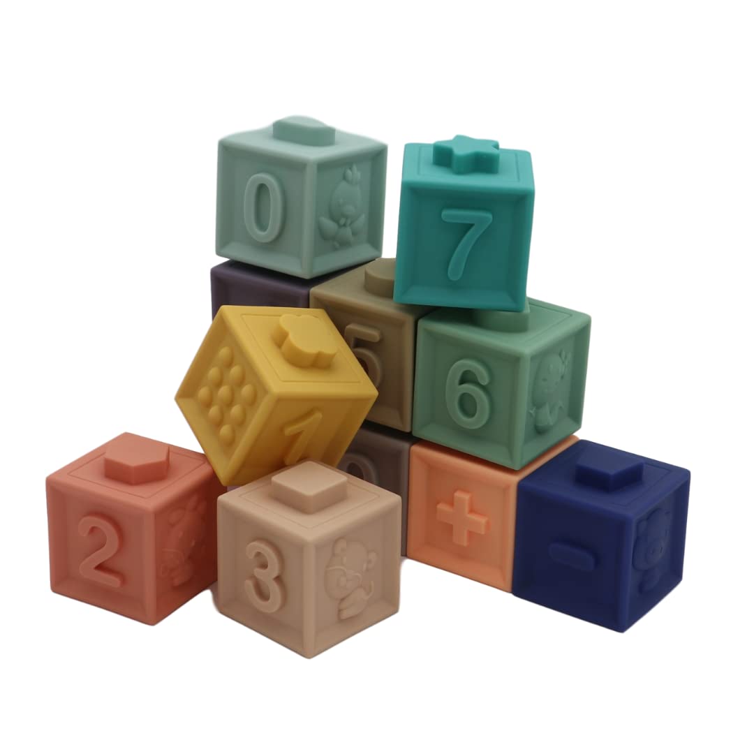 Kcuina Baby Blocks, 12 pc - Soft Stacking Building Blocks - Toy 6 to 12 Months Toddlers Boys & Girls- Squeeze & Play - Educational Toy for 6 Months and Up - Numbers, Animals, and Textures
