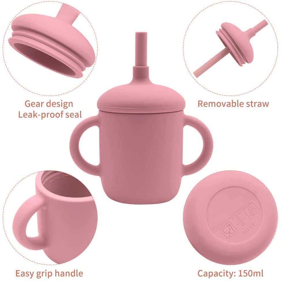 BPA Free Silicone Cups Set of Two - Food Catcher - Sippy Cup - Non Toxic Material - Silicone Straw - Foldable Snack Cup -for Babies and Toddlers - by MONKA (pink)