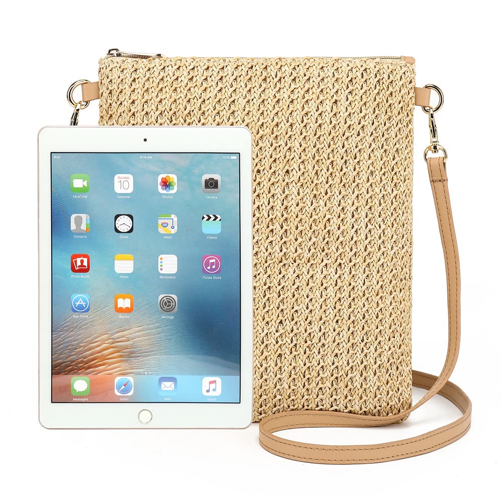 Straw Crossbody Bags for Women, Cute Straw Beach Purse with Detachable Shoulder Strap, Summer Straw Handbag Vacation Essentials (Light Brown)