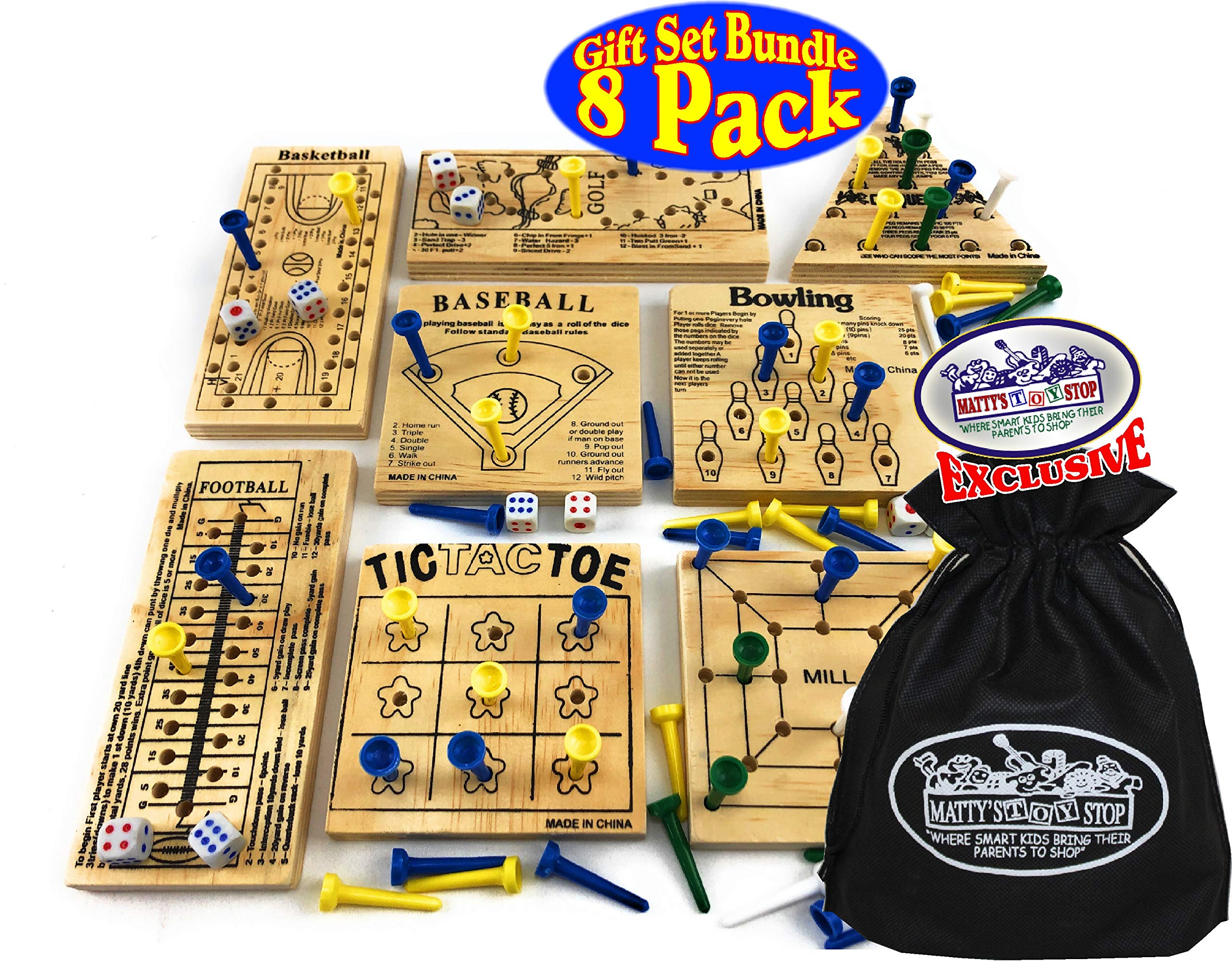 Matty's Toy Stop Deluxe Classic Peg Games Wood Puzzles (Baseball, Basketball, Bowling, Conqueror, Football, Golf, Mill & Tic Tac Toe) Gift Set Bundle with Bonus Storage Bag - 8 Pack