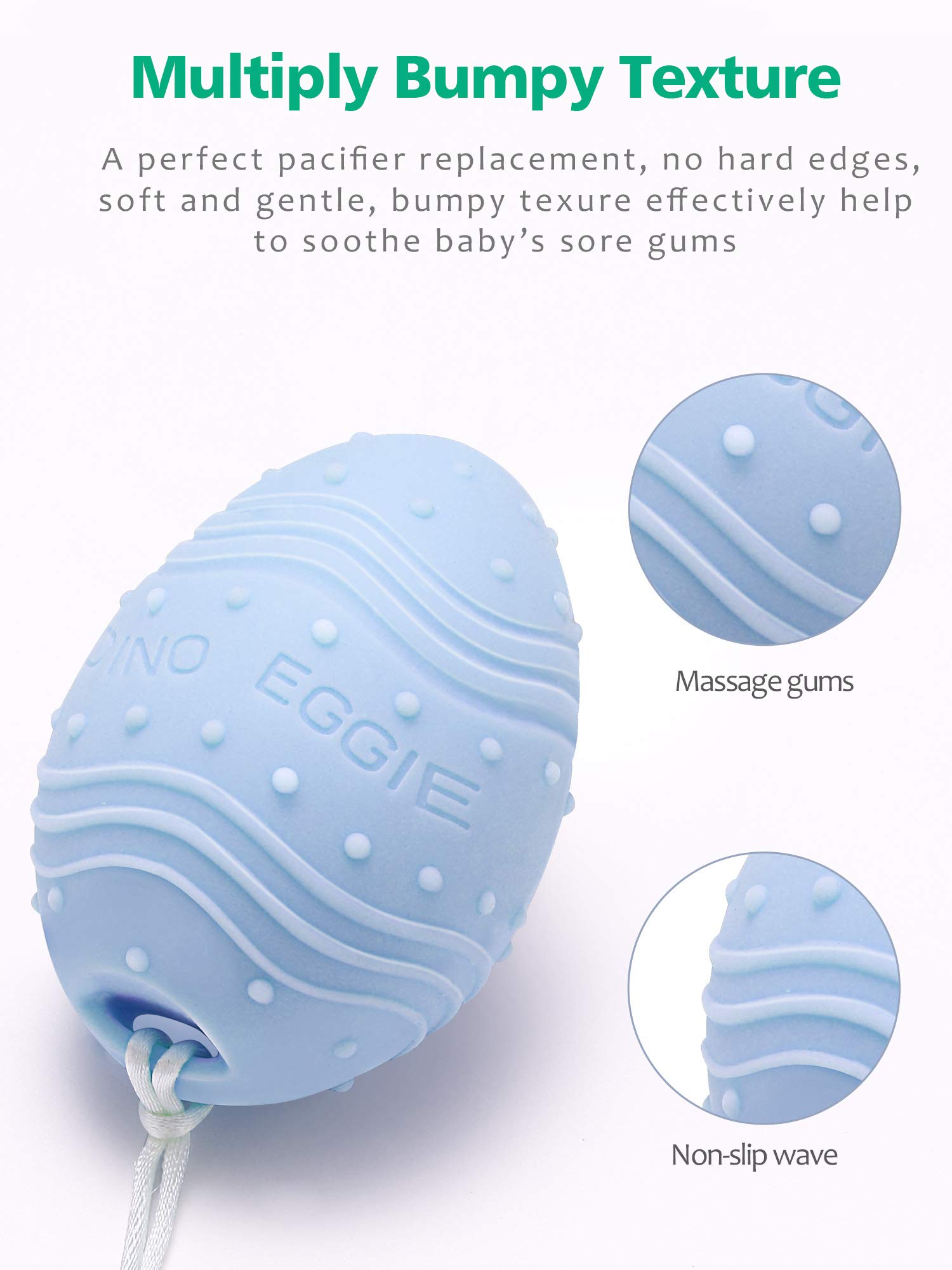 Dino Eggie Baby Teether Egg-Shaped Teething Toy with Pacifier Holder Clip, BPA-Free, for Infant Boys and Girls - Blue